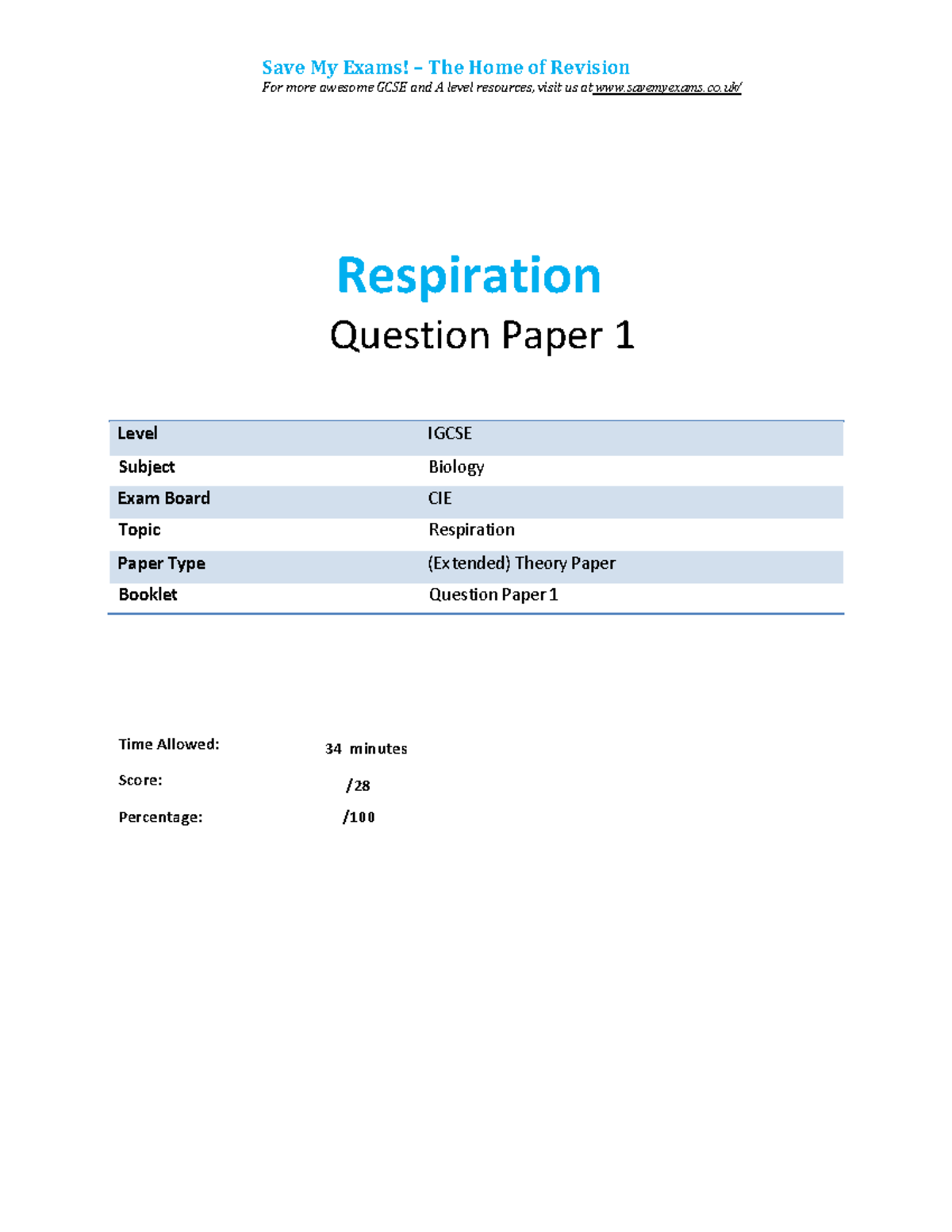 12 - science paper - Respiration Question Paper 1 Subject Biology Topic ...