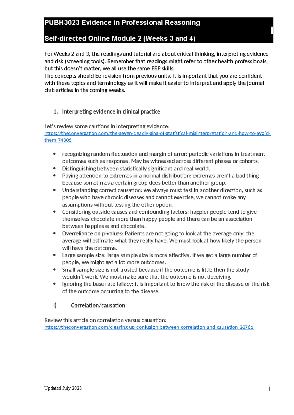 Week 2 tutorial - PUBH3023 Evidence in Professional Reasoning Self-directed Online Module 2 ...
