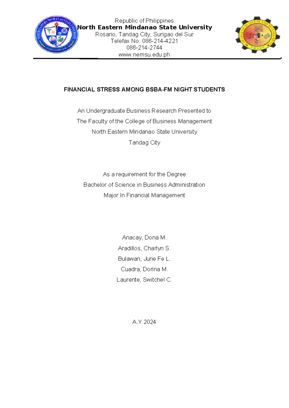 Financial Stress Among BSBA-FM night - North Eastern Mindanao State University Rosario, Tandag ...