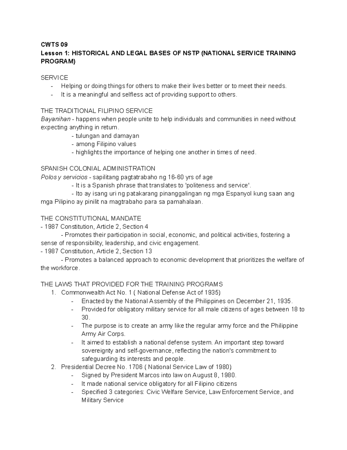 Civic Welfare training service - CWTS 09 Lesson 1: HISTORICAL AND LEGAL ...