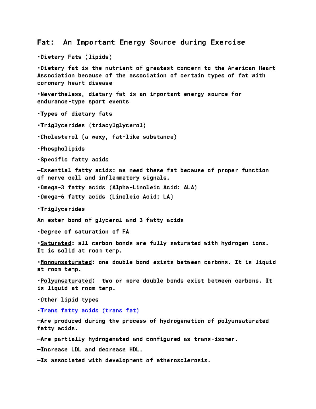 Fat Chapter 5 - Ch 5 Notes - Fat: An Important Energy Source during ...