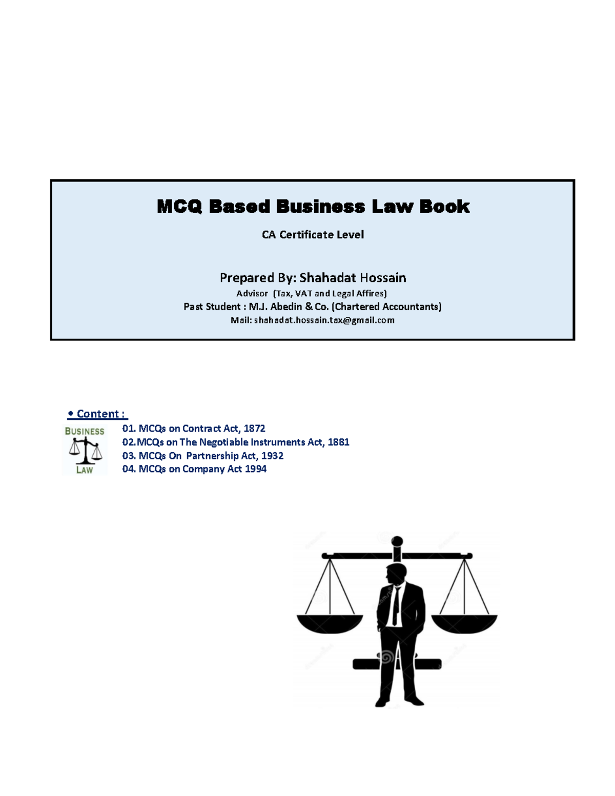 MCQ Based Business Law Book for CA (Certificate Level) - • Content : 01 ...