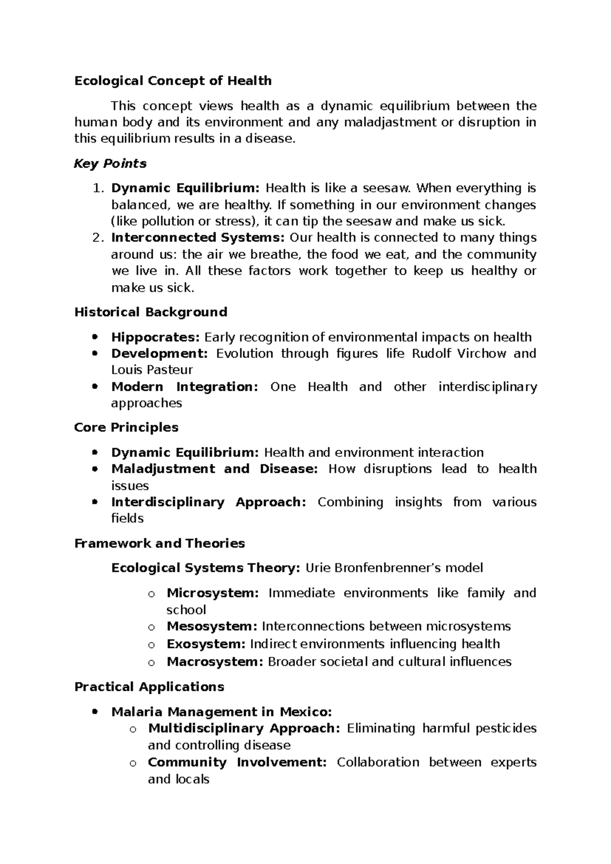 Ecological Concept of Health - Key Points 1. Dynamic Equilibrium ...