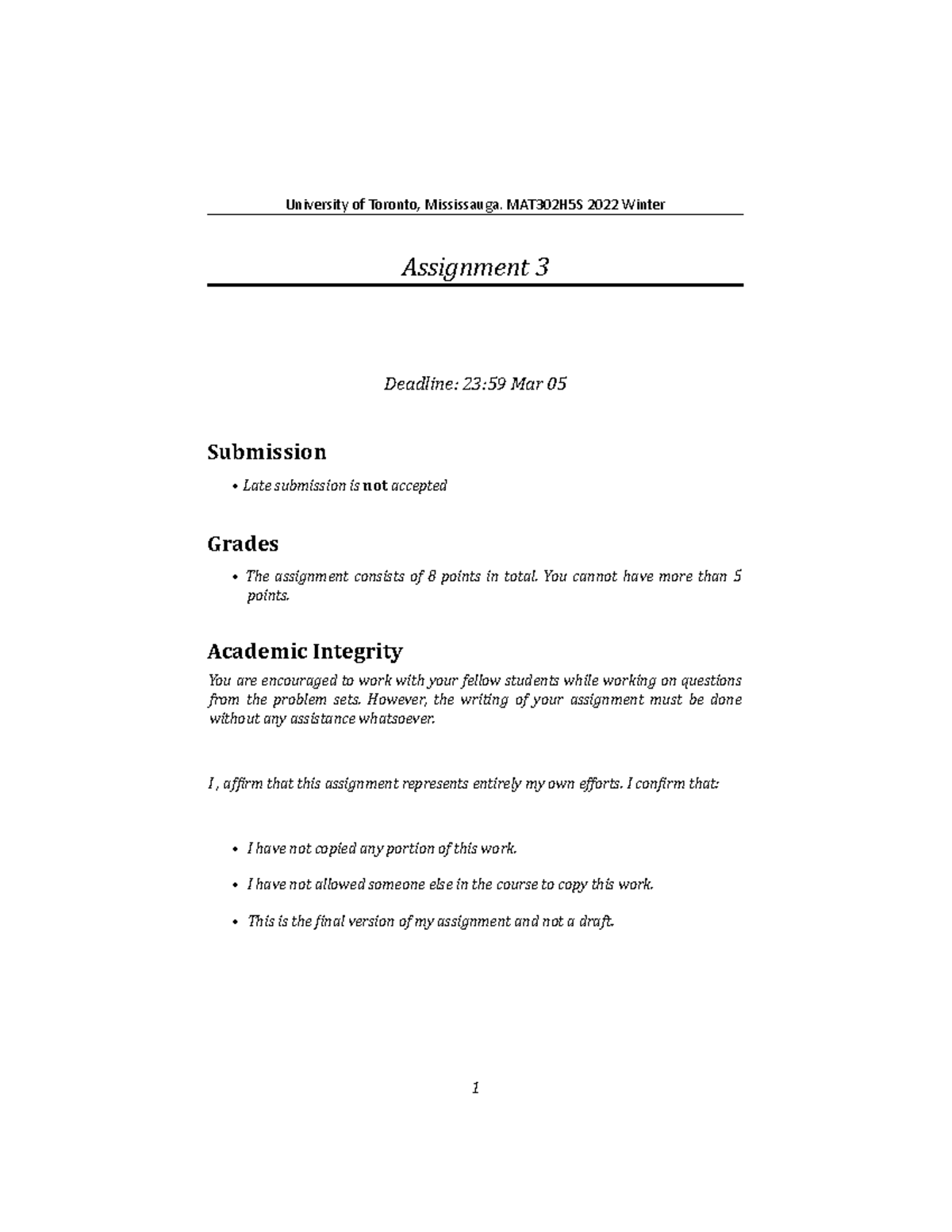 Assignment 3 Math cryptography - University of Toronto, Mississauga ...