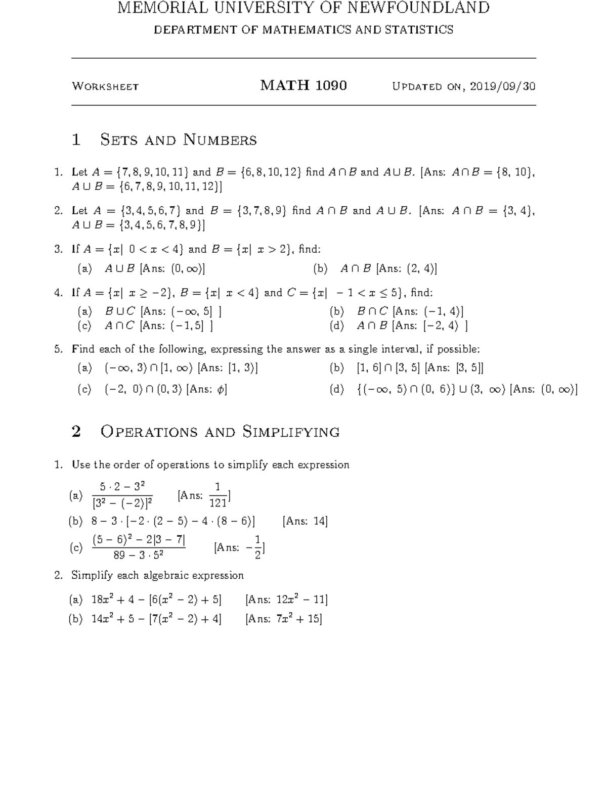 Math1090 Test 1 Review Worksheet - MEMORIAL UNIVERSITY OF NEWFOUNDLAND ...