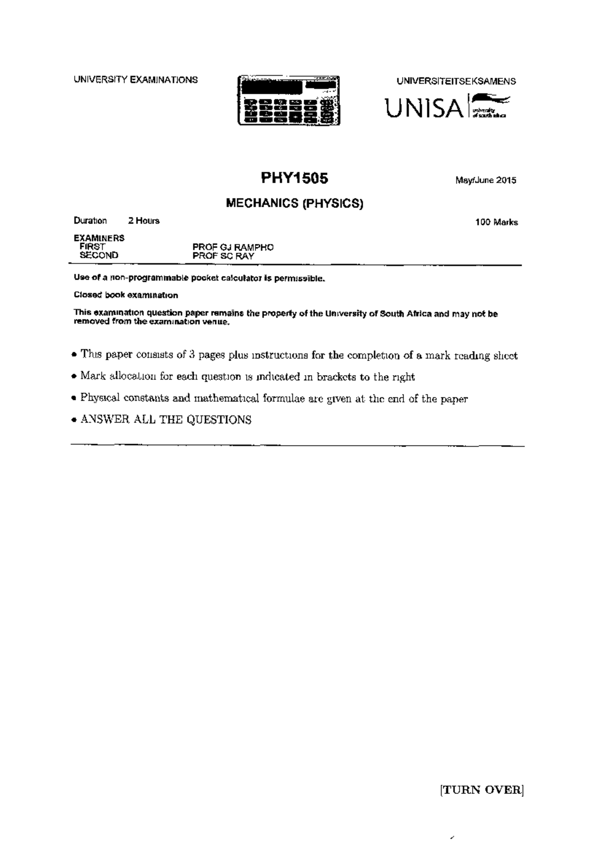 PHY1505 2015 6 E 1 - Mechanics 2015 JUNE Exam - PHY1505 - Unisa - Studocu