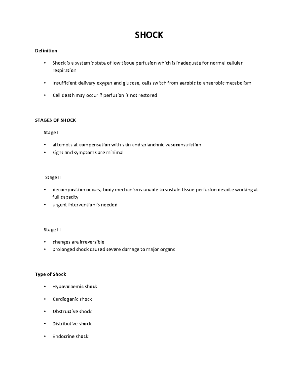 Shock - Summary Essential Surgery - SHOCK Definition - Shock is a ...