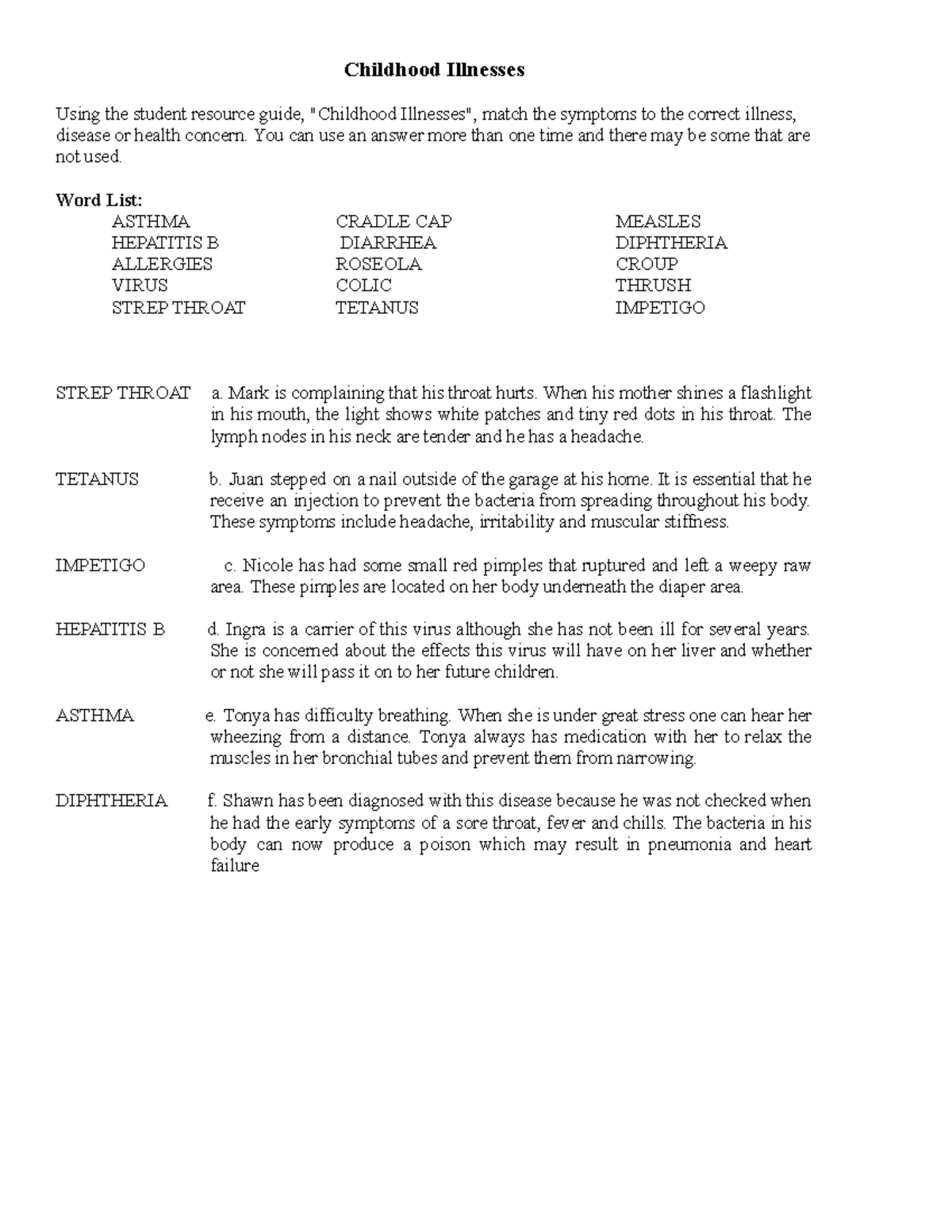 Nat Childhood Illness Scenario Answer Sheet - Childhood Illnesses Using ...