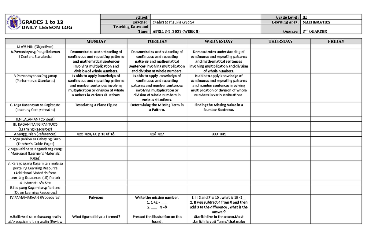 DLL Mathematics 3 Q3 W8 - the - GRADES 1 to 12 DAILY LESSON LOG School ...