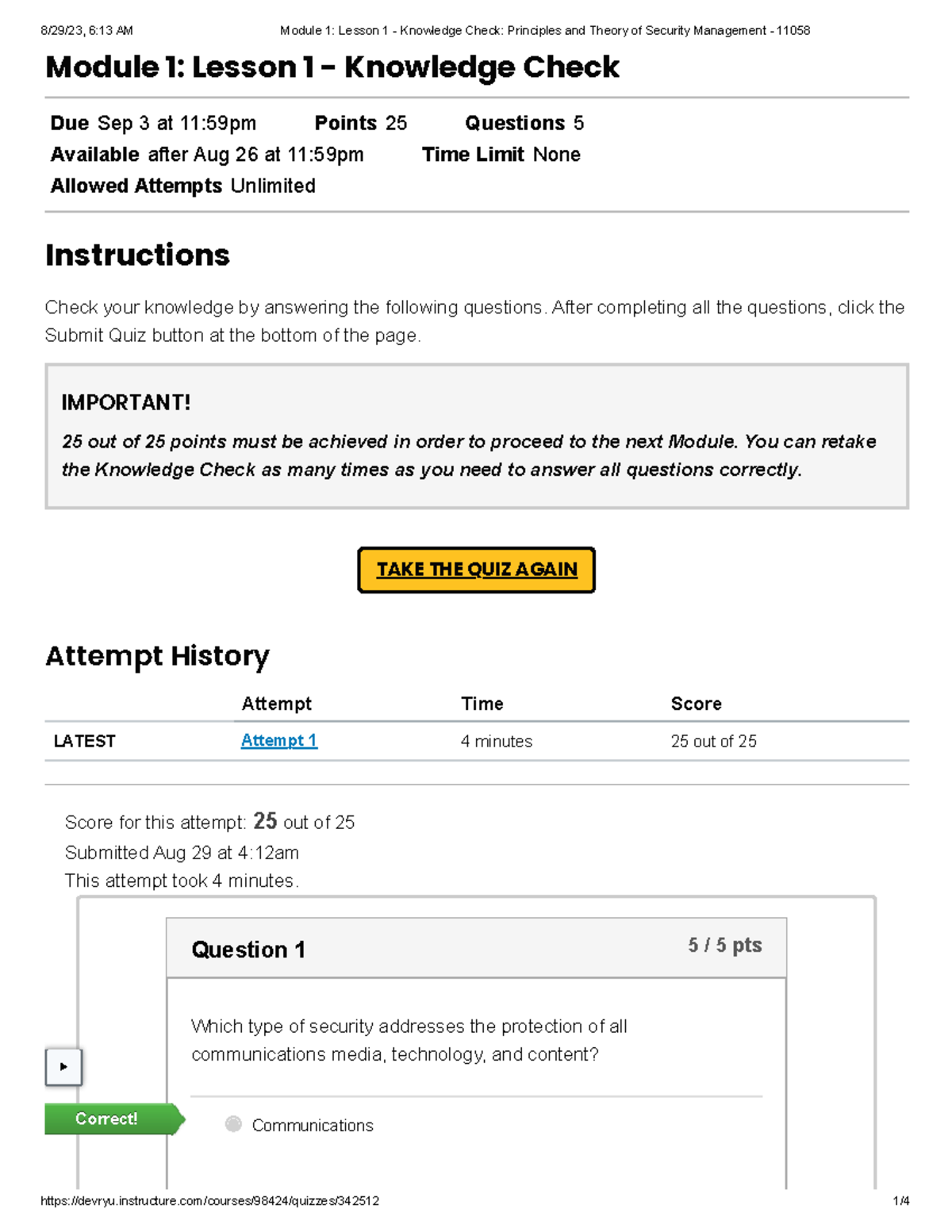 Module 1 Lesson 1 - Knowledge Check Principles and Theory of Security ...