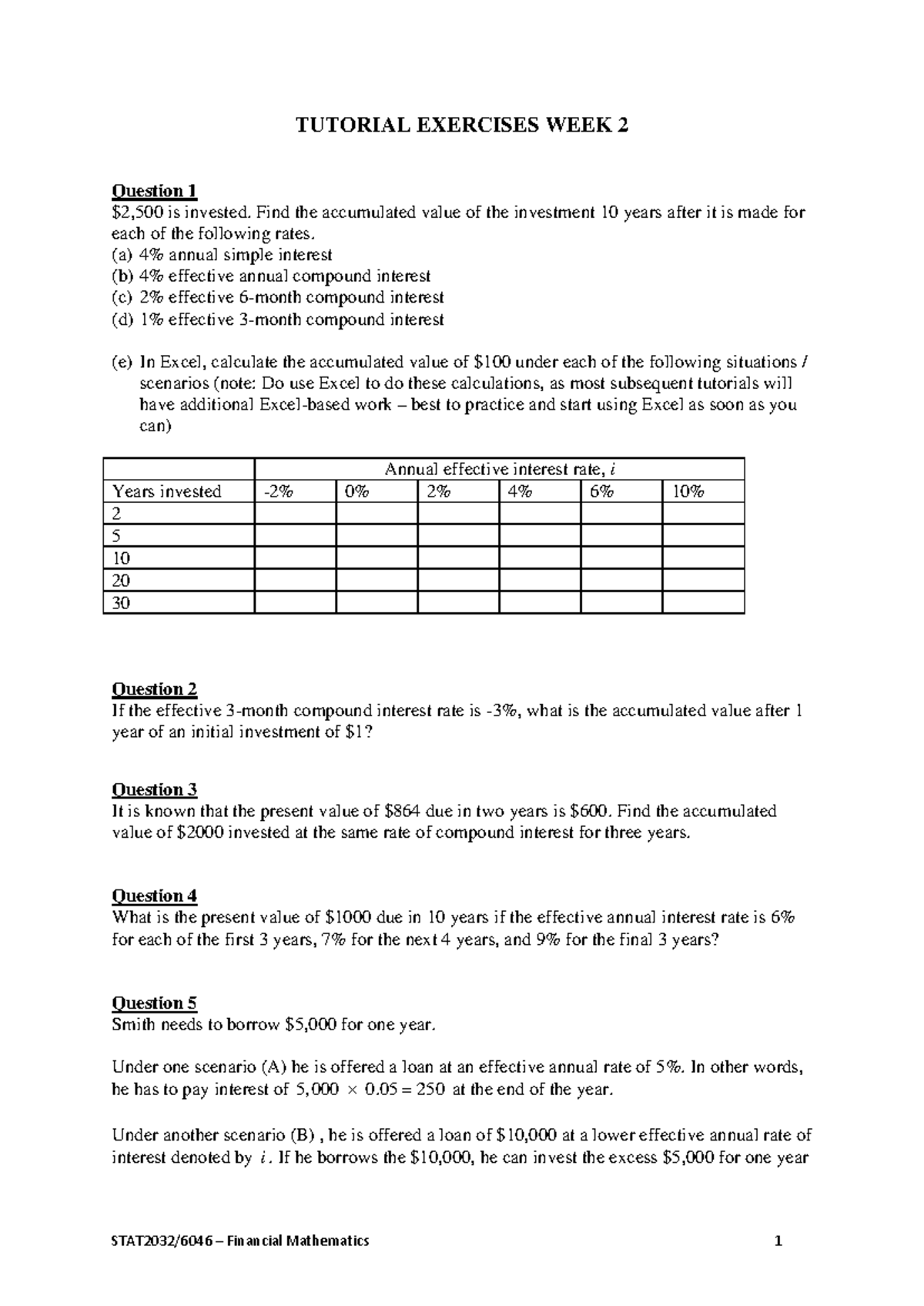 Tutorial Questions 2 - STAT2032/6046 – Financial Mathematics 1 TUTORIAL ...