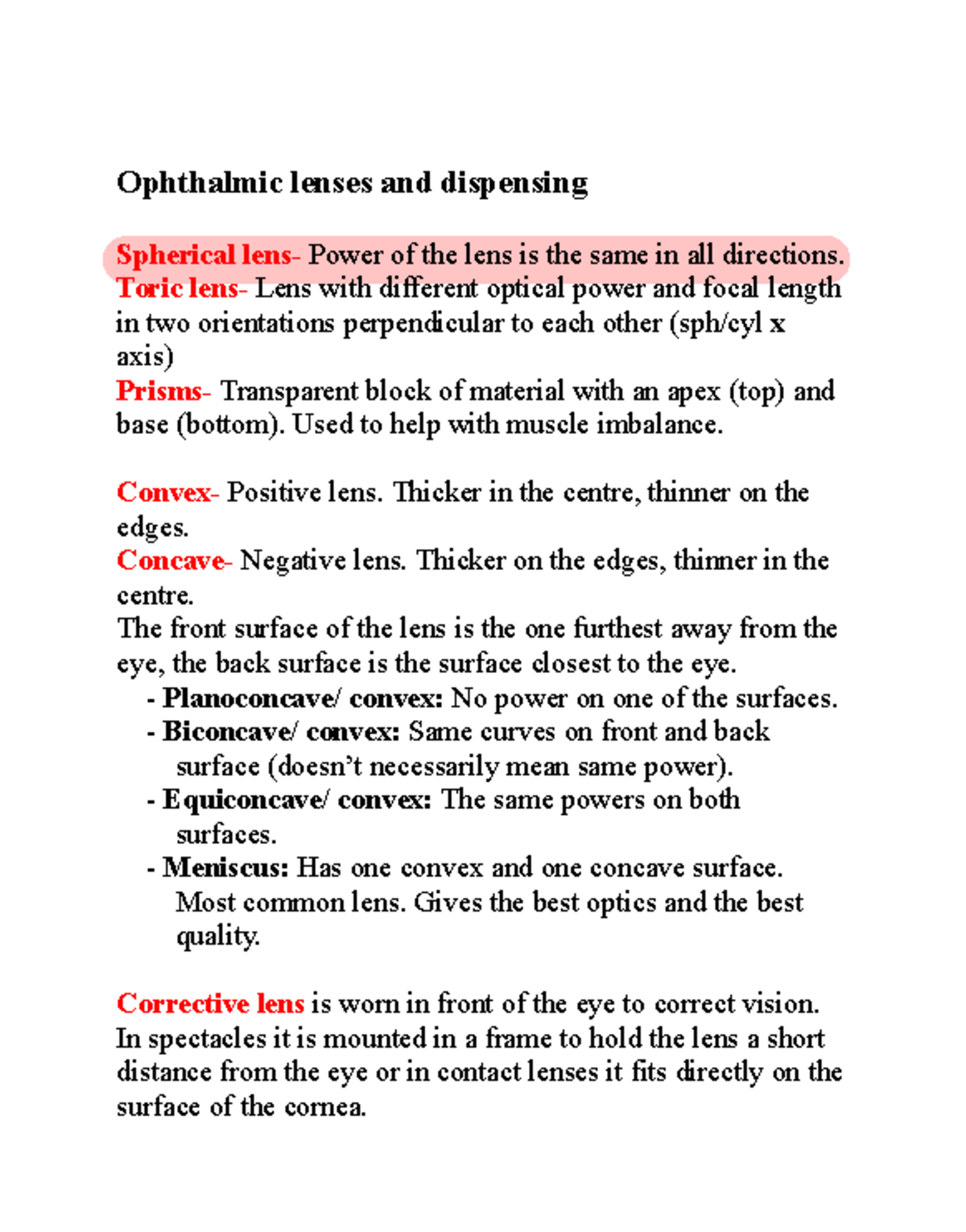 Opthalmic lenses and dispensing notes - Ophthalmic lenses and ...