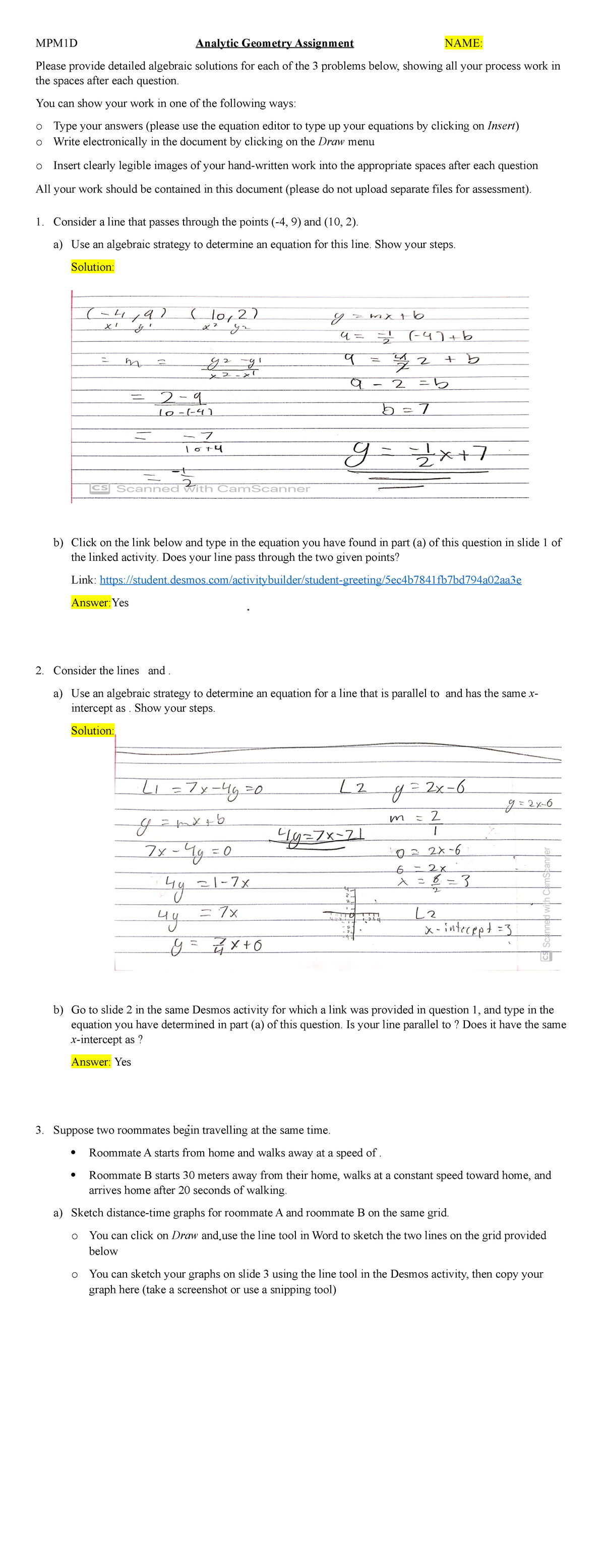 Analytic Geometry Assignment (1) - You can show your work in one of the ...