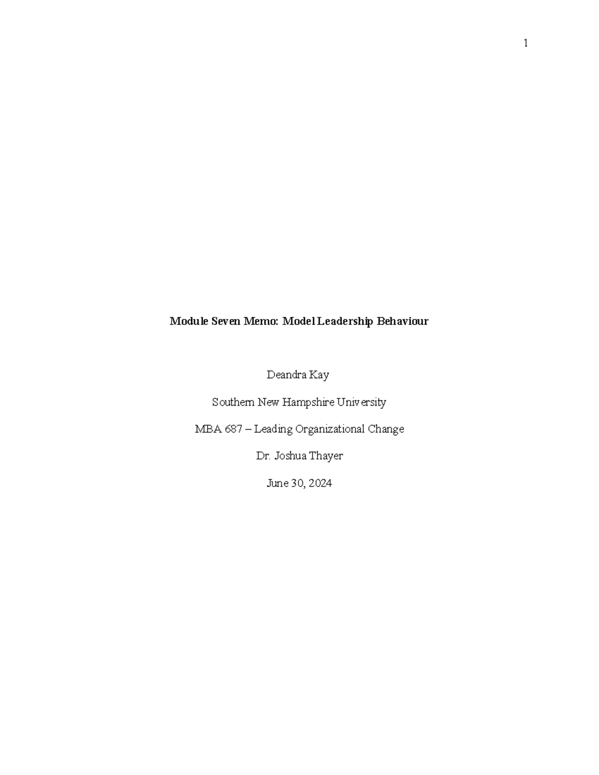 Module Seven - Memo - Model Leadership Behavior - Module Seven Memo ...