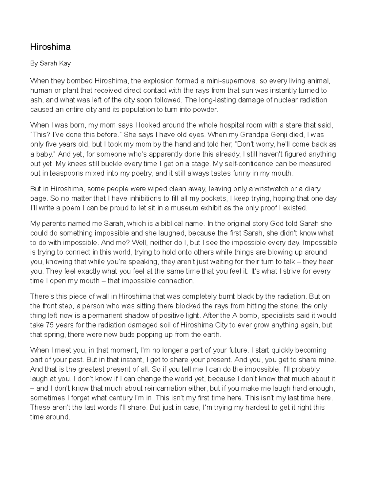 Hiroshima - Reading assignment - Hiroshima By Sarah Kay When they ...