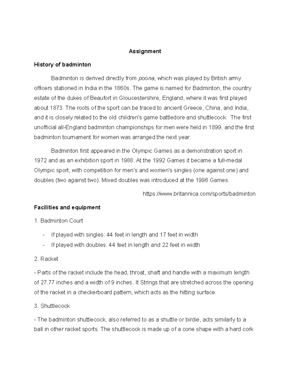 Badminton History, equipment, court assignment - Assignment History of ...