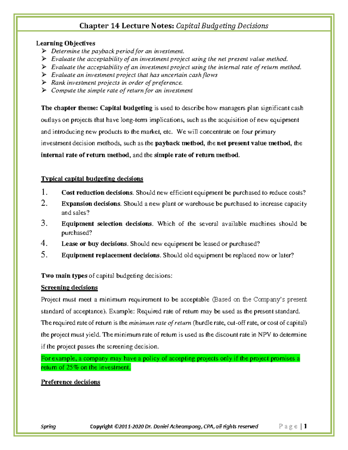 Chapter 14 Outline - lol - Learning Objectives Determine the payback ...