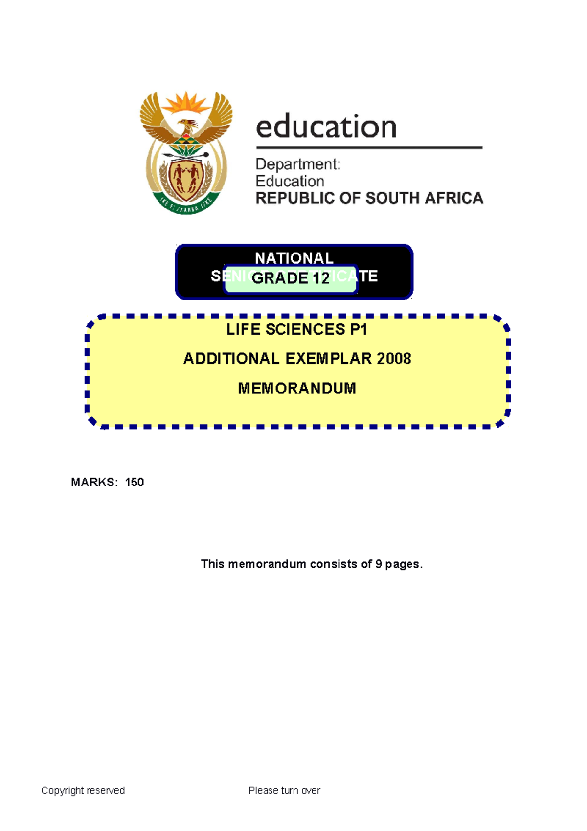 Life Sciences P1 Additional Exemplar Memo Eng - MARKS: 150 This ...