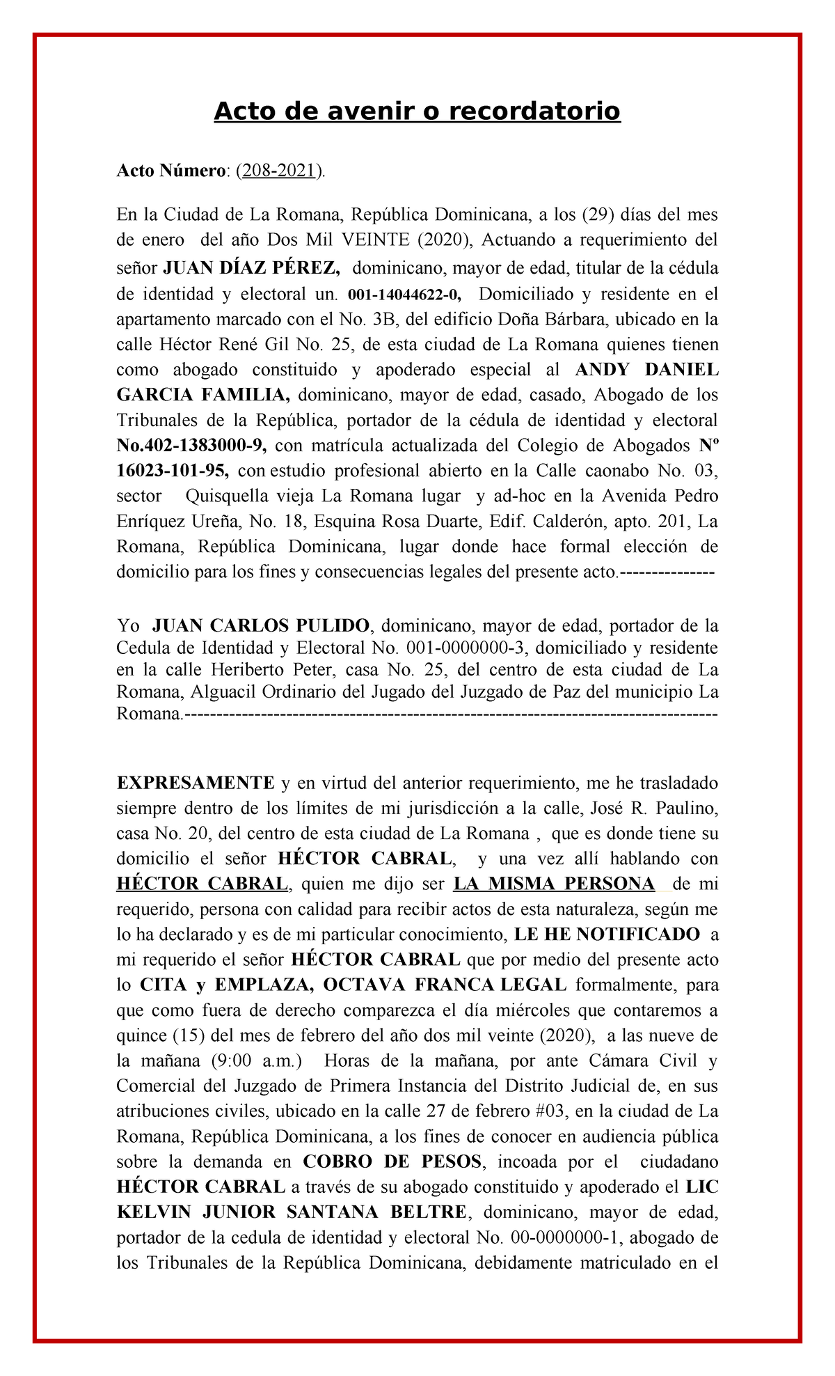 ACTO DE Avenir O Recordatorio.- David.- 06-05-16 - Acto de avenir o ...