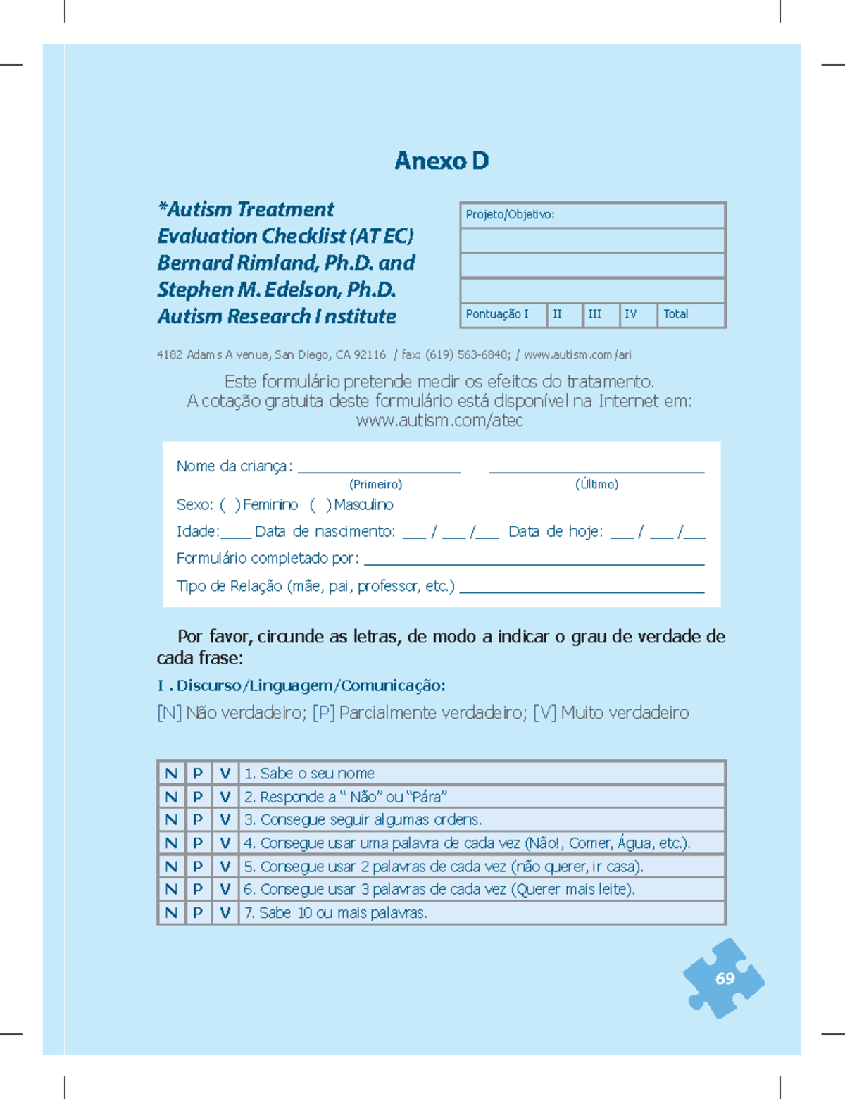 Teste ATEC Protocolo SP - Anexo D *Autism Treatment Evaluation ...