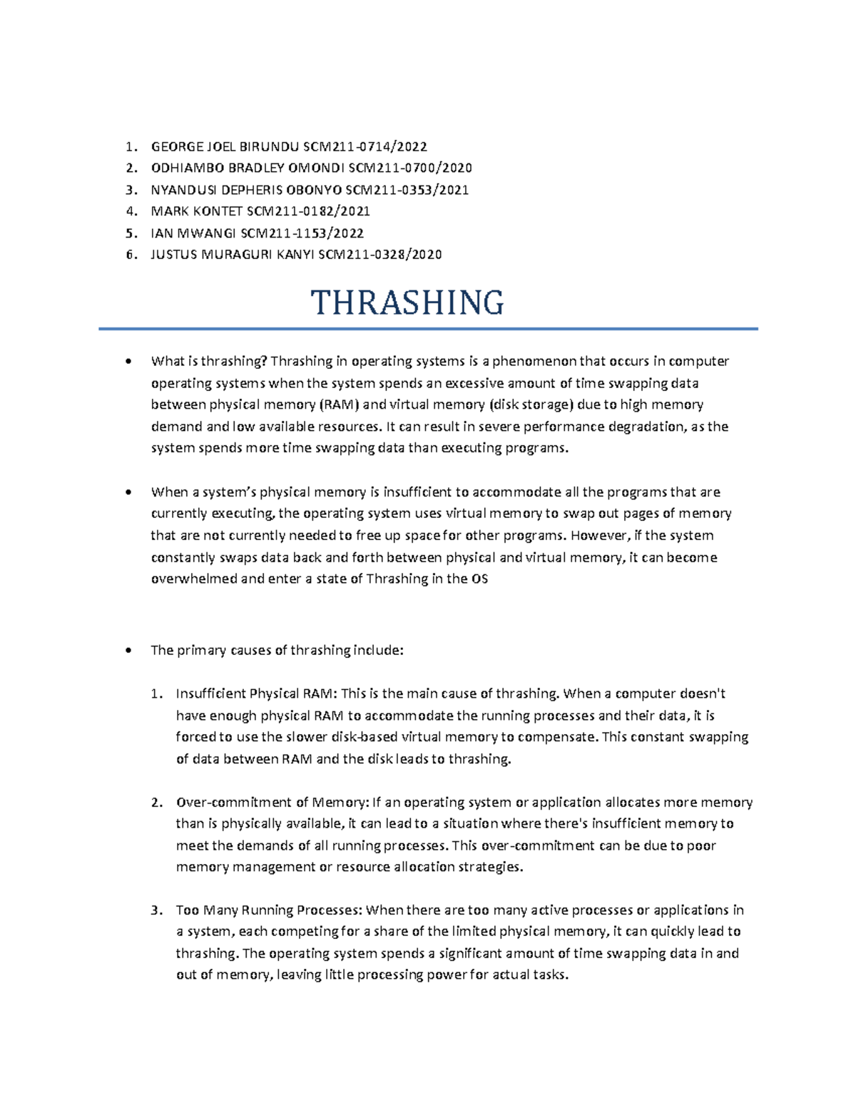 Thrashing IN OS Assignment-1 - 1. GEORGE JOEL BIRUNDU SCM211-0714/ 2 ...
