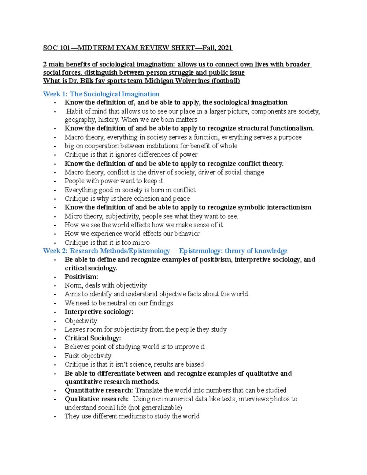 SOC 101 - Midterm Exam Review Sheet - Fall, 2021 - SOC EXAM REVIEW 2021 ...