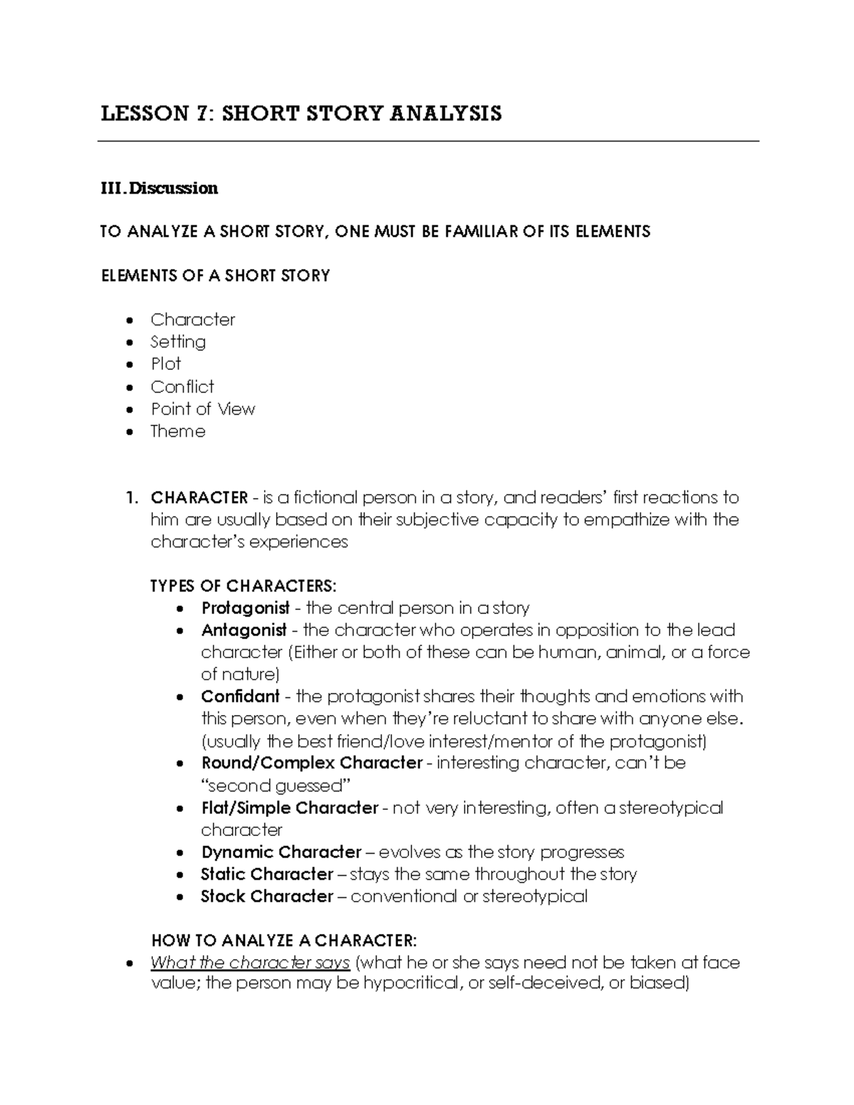 L7 LITT Handout - LESSON 7: SHORT STORY ANALYSIS - LESSON 7: SHORT ...