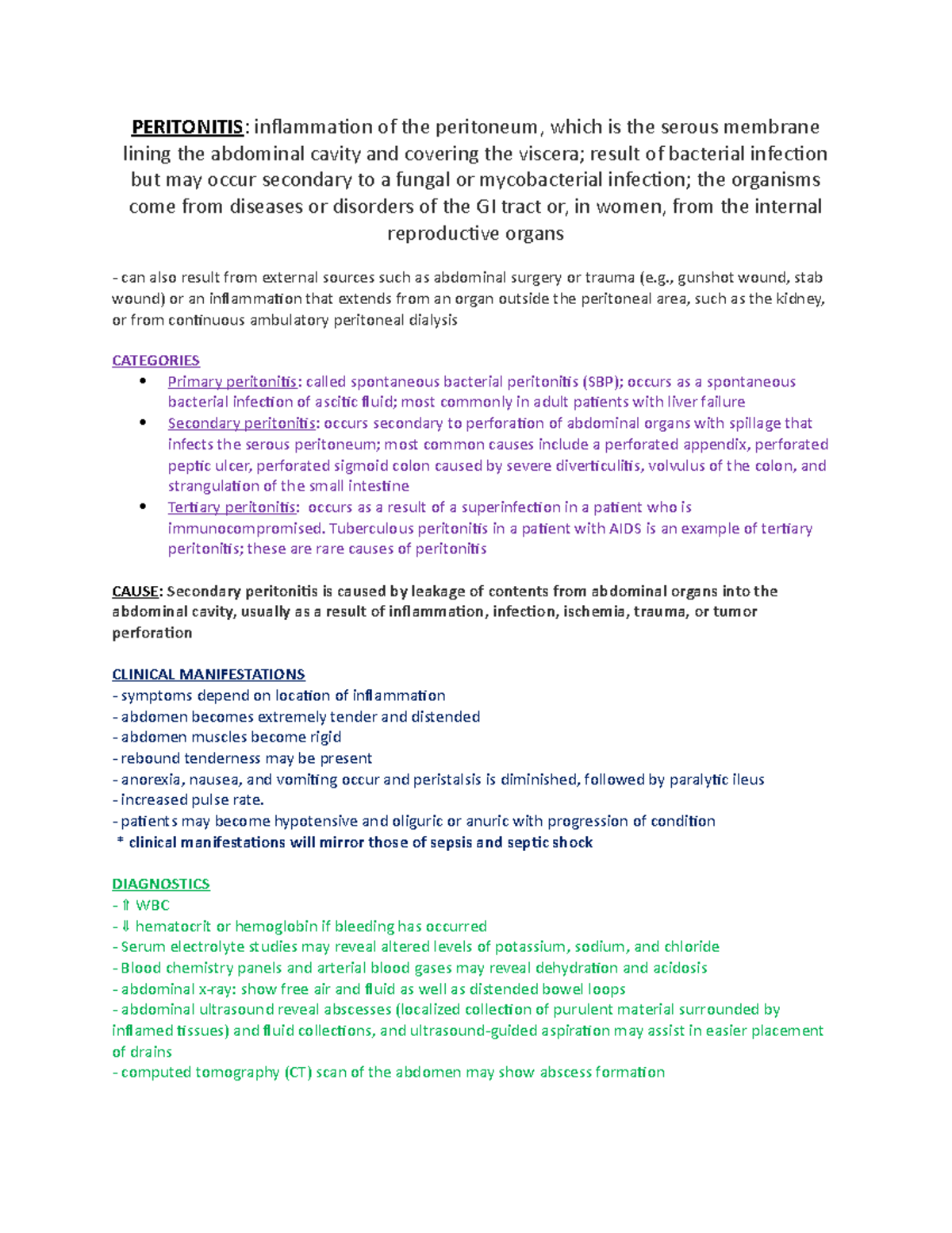 Peritonitis concept map - PERITONITIS: inflammation of the peritoneum ...