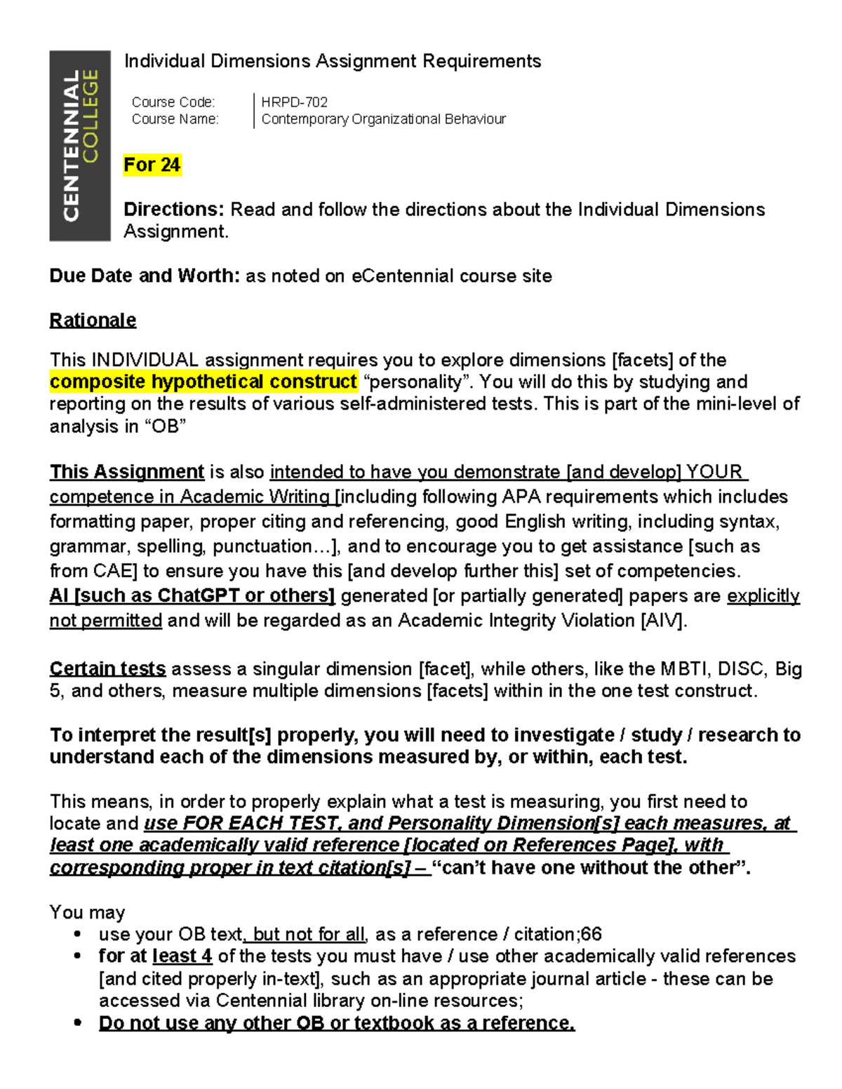 COB dimension - Individual Dimensions Assignment Requirements ####### Course Code: HRPD ...