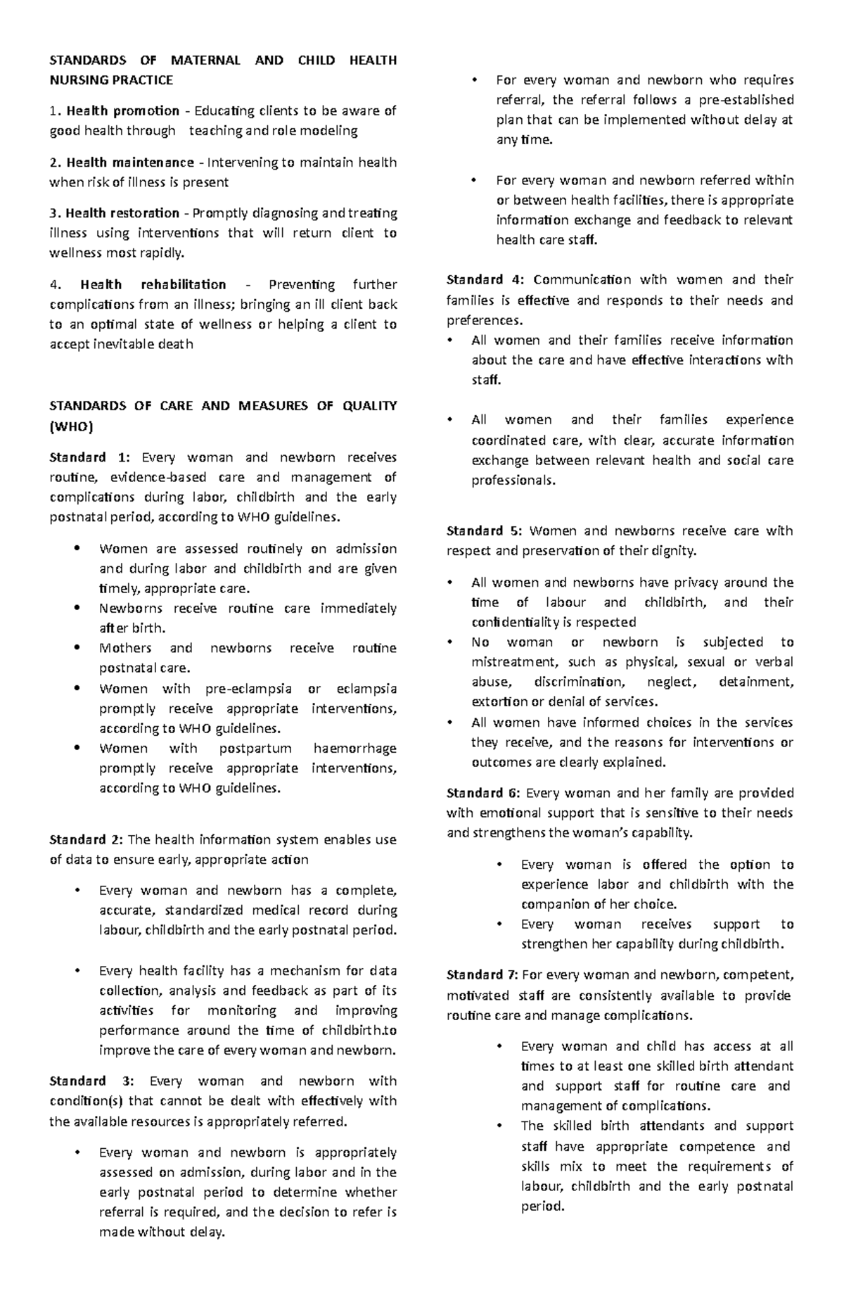 Ncma-lec-prelim - notes - STANDARDS OF MATERNAL AND CHILD HEALTH ...