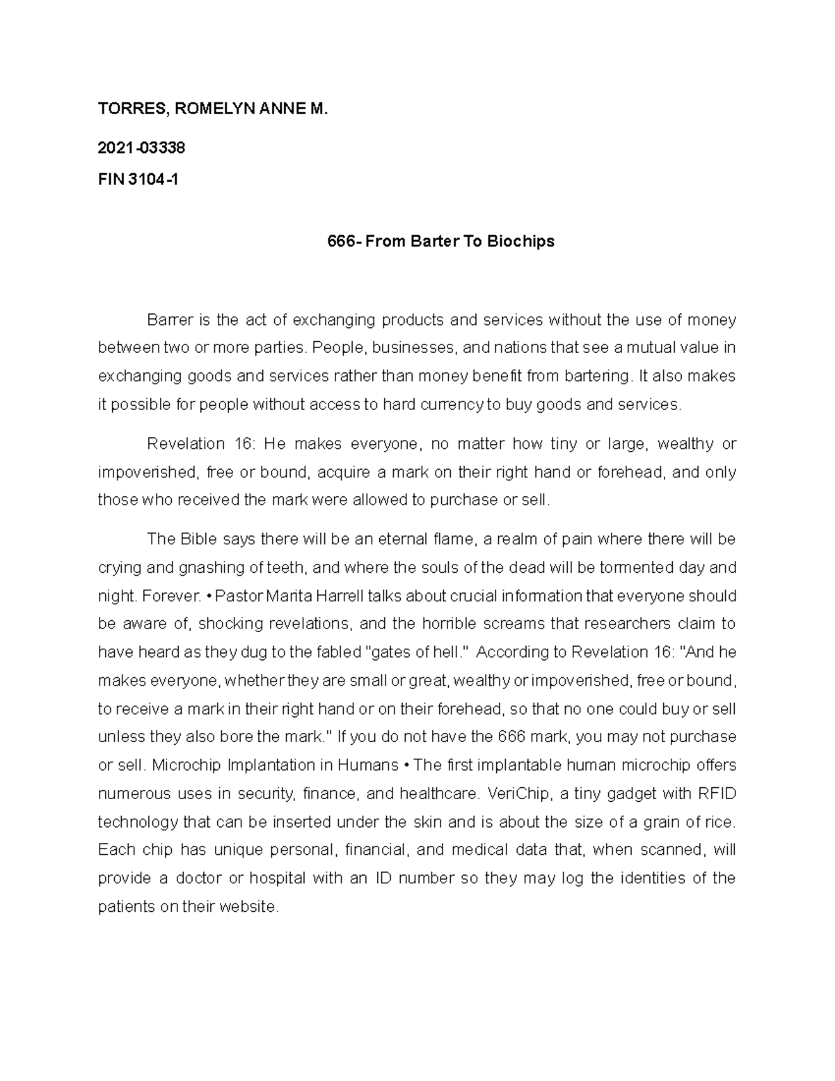Torres 666Barter to Biochips - TORRES, ROMELYN ANNE M. 2021- FIN 3104 ...