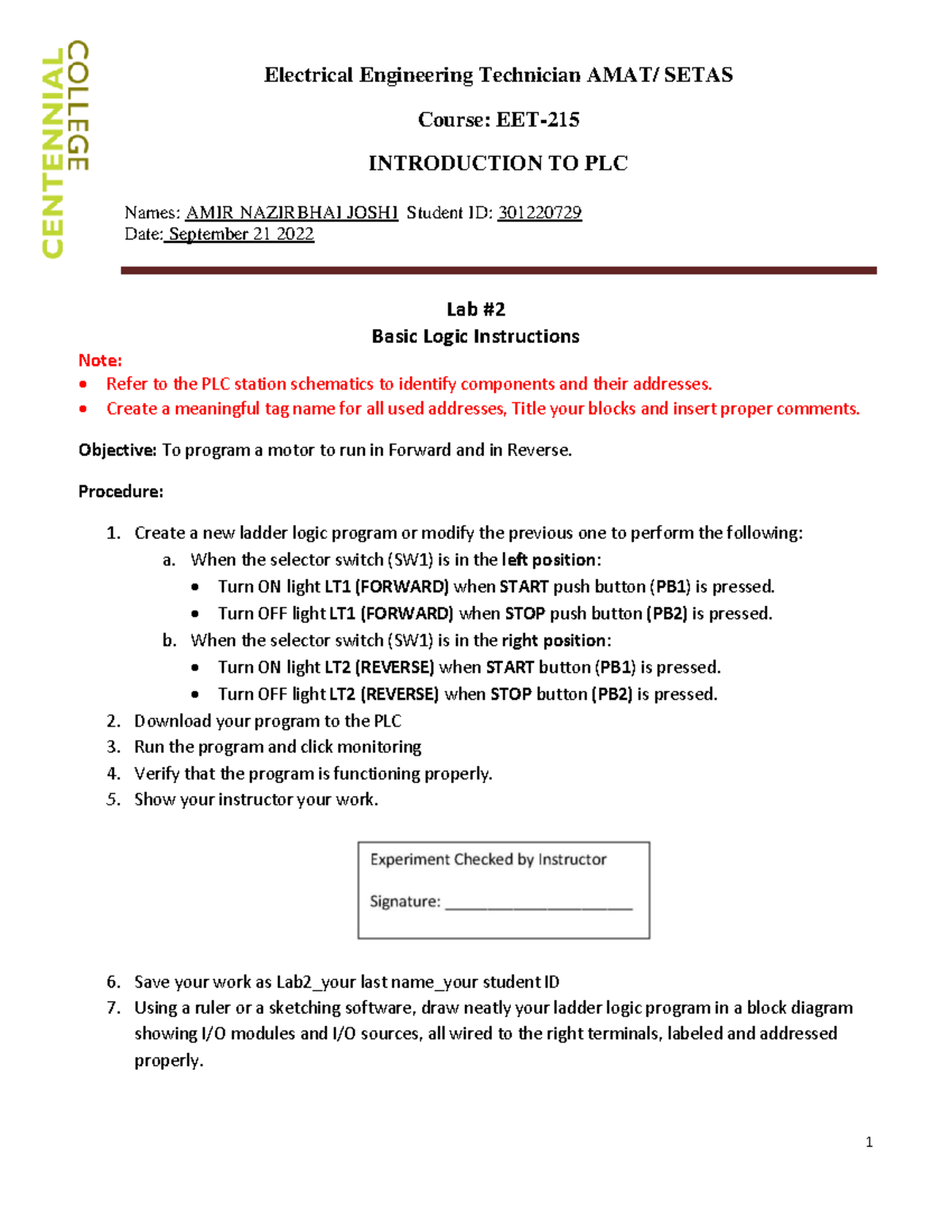 EET215 Lab2 Joshi AMIR 301220729 - 1 Electrical Engineering Technician AMAT/ SETAS Course: EET ...