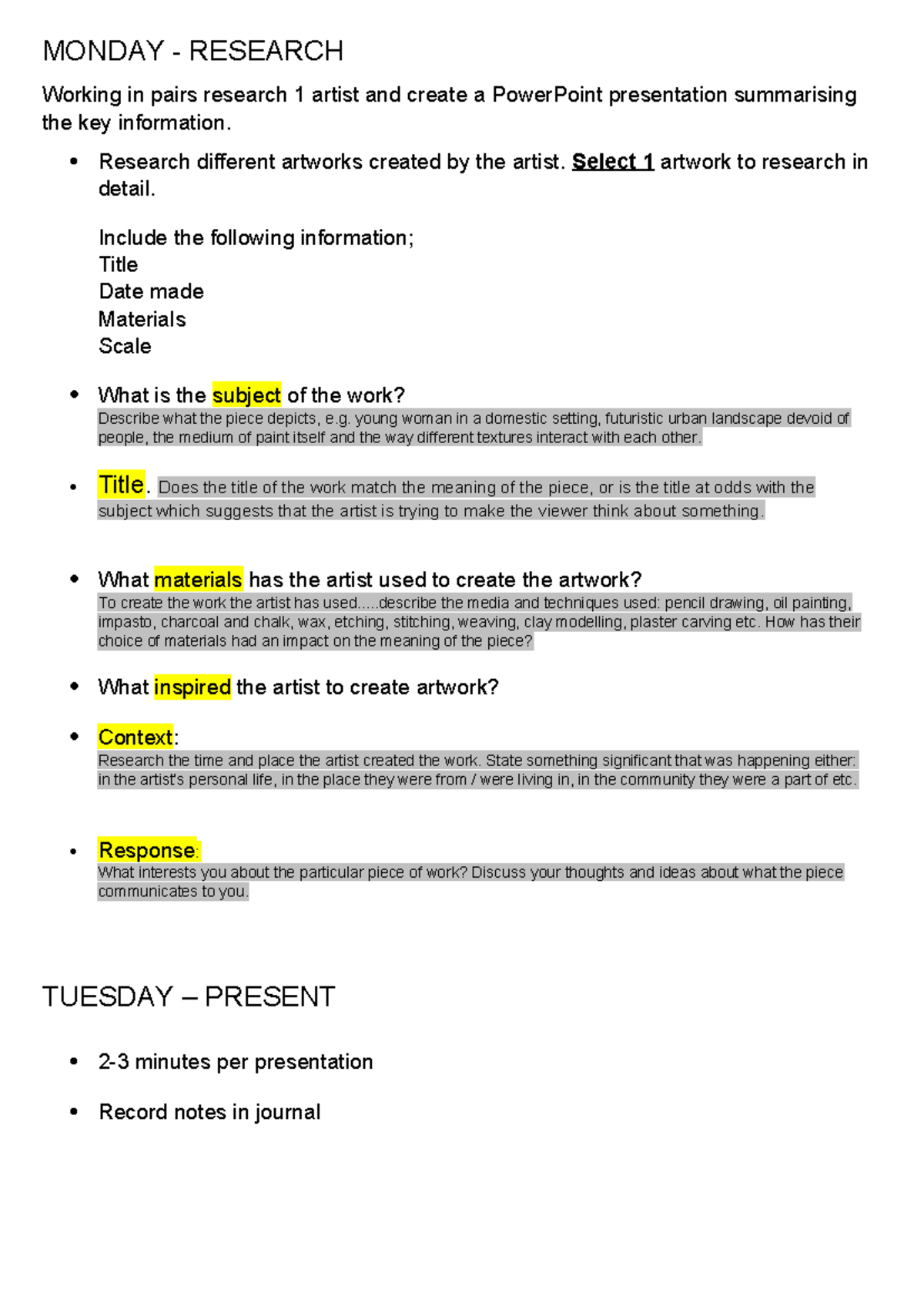 Artist Research and presentation task Monday 4 March - MONDAY ...