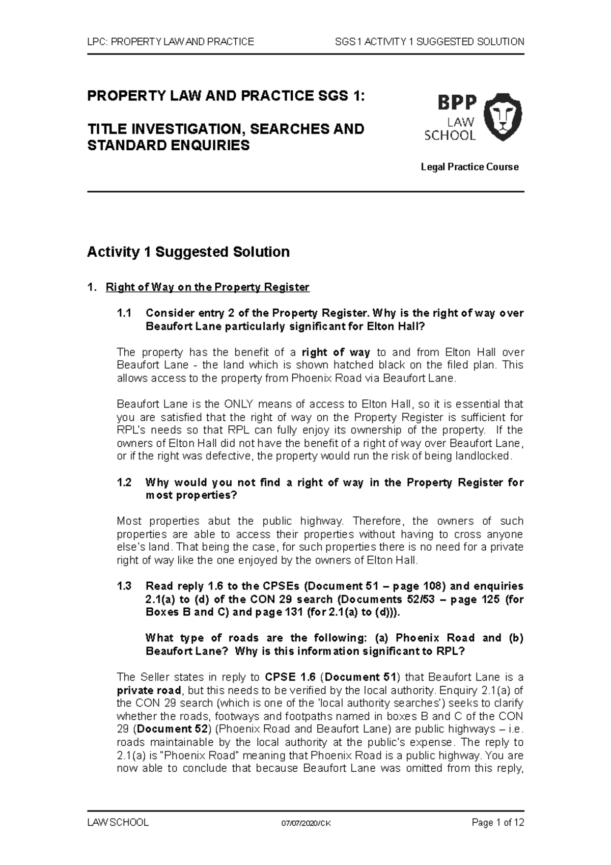 PLP SGS 1 Activity Solutions - LPC: PROPERTY LAW AND PRACTICE SGS 1 ...