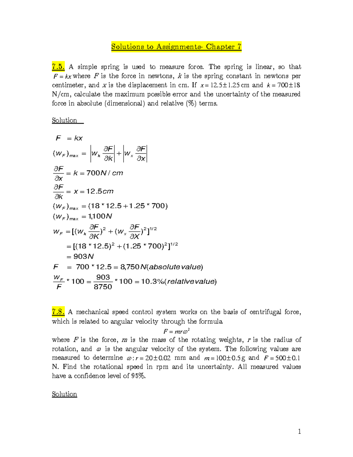 Sol-Assignment Chap 7 - Lecture Slides - Solutions to Assignments- Chapter 7 7. A simple spring ...