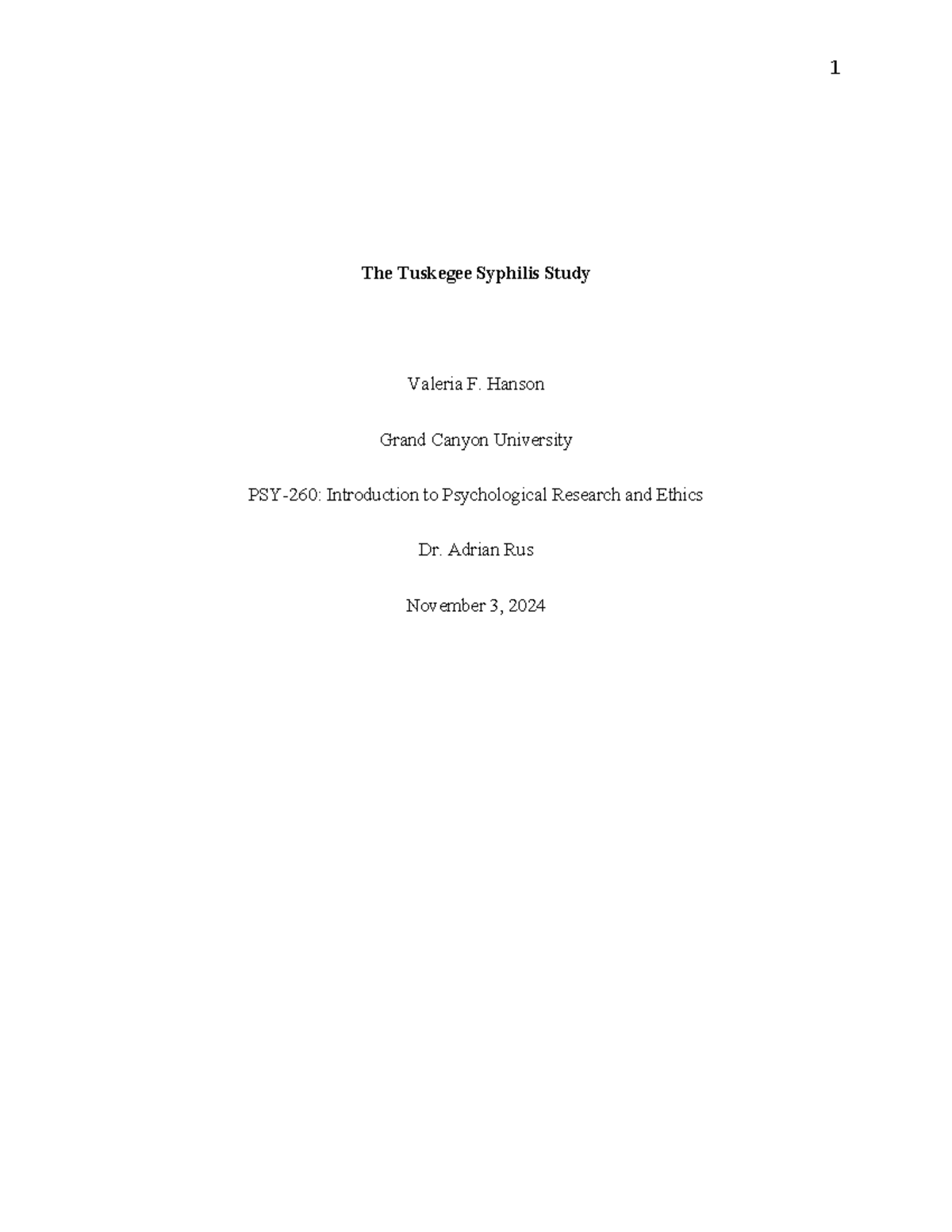 T3 Hanson - essay - The Tuskegee Syphilis Study Valeria F. Hanson Grand ...