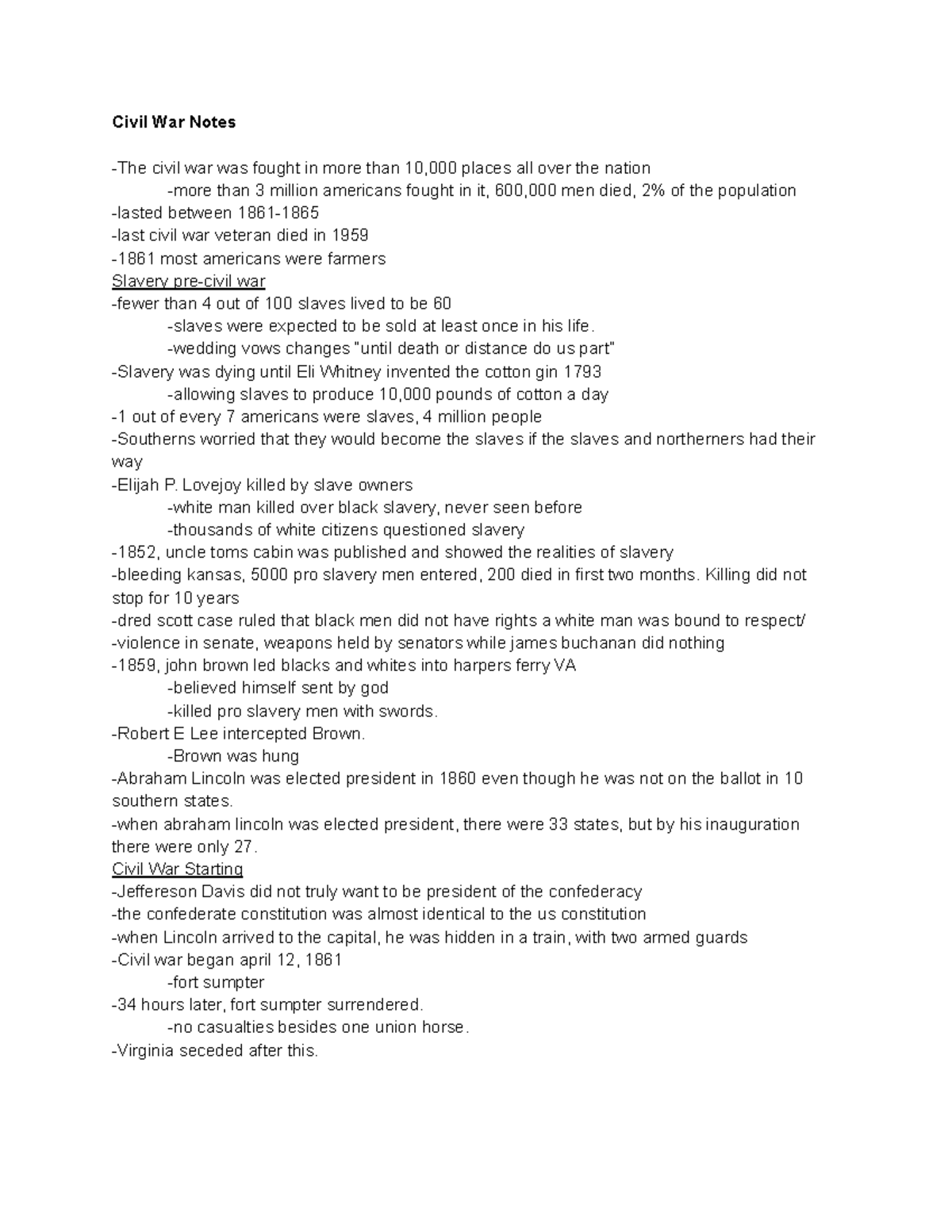 Untitled document - notes for civil war - Civil War Notes -The civil ...