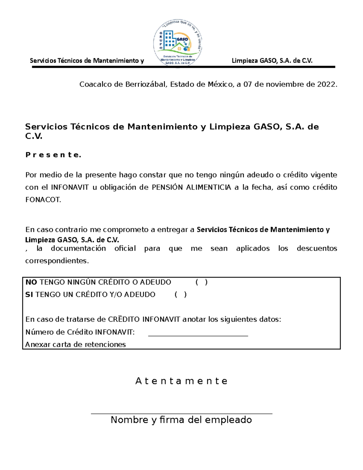 Carta Infonavit - Formato para evaluar si tiene adeudos, y controlar ...