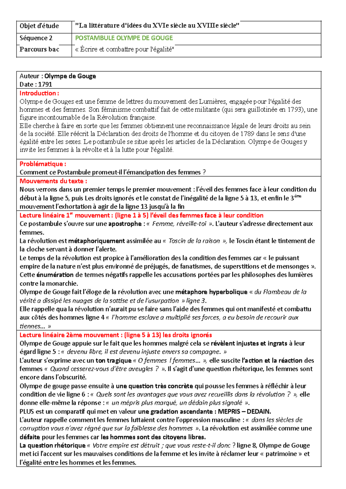 710402759 1 Explication lineaire Postambule Olympe de Gouge - Objet d’étude "La littérature ...