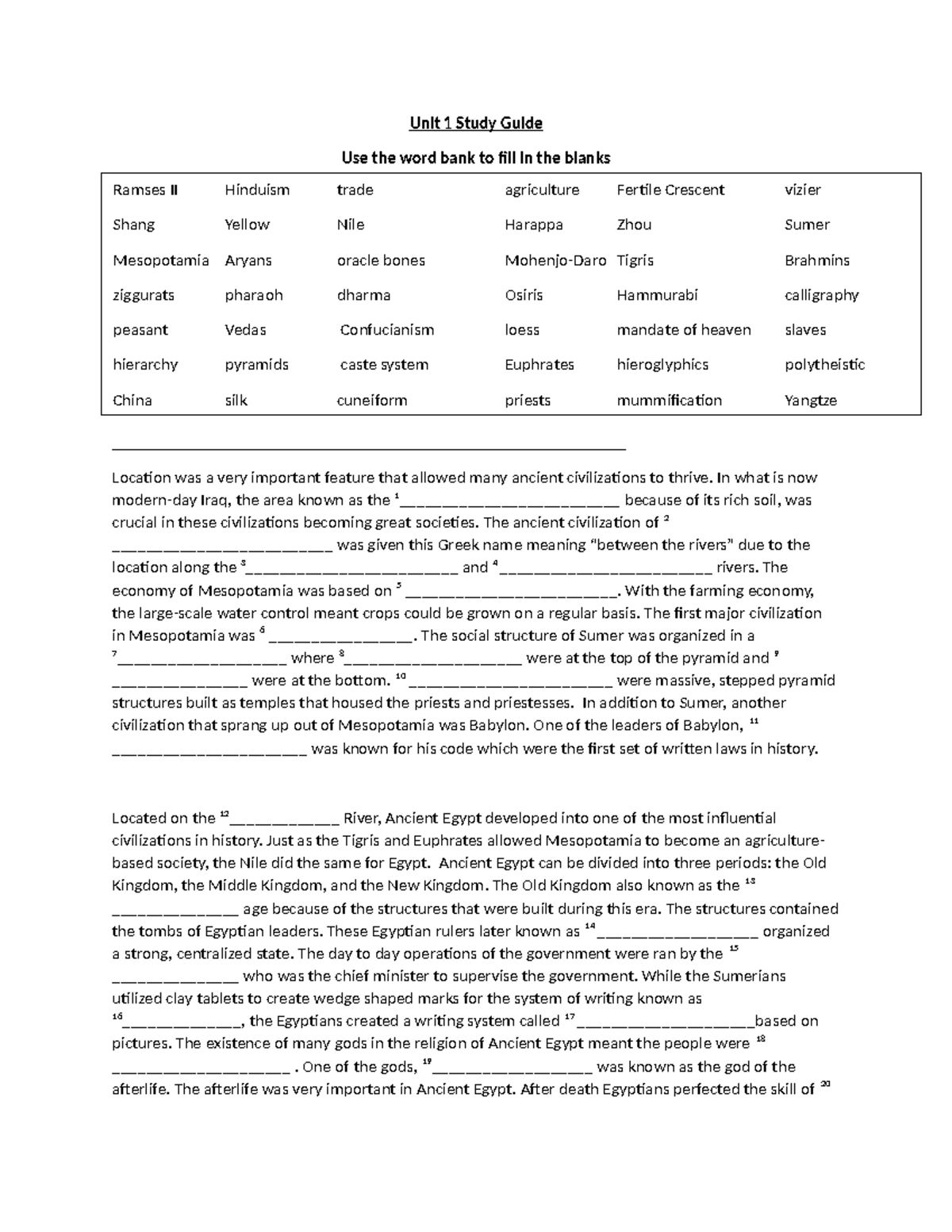 Unit 1 Study Guide - unit 1 - Unit 1 Study Guide Use the word bank to fill in the blanks ...