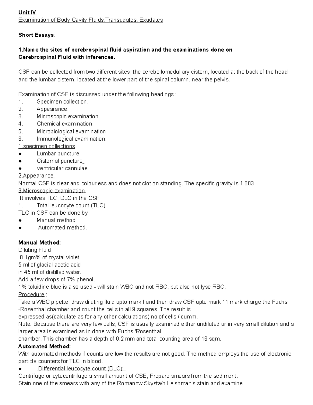 Pathology 4, short essay - Unit IV Examination of Body Cavity Fluids ...