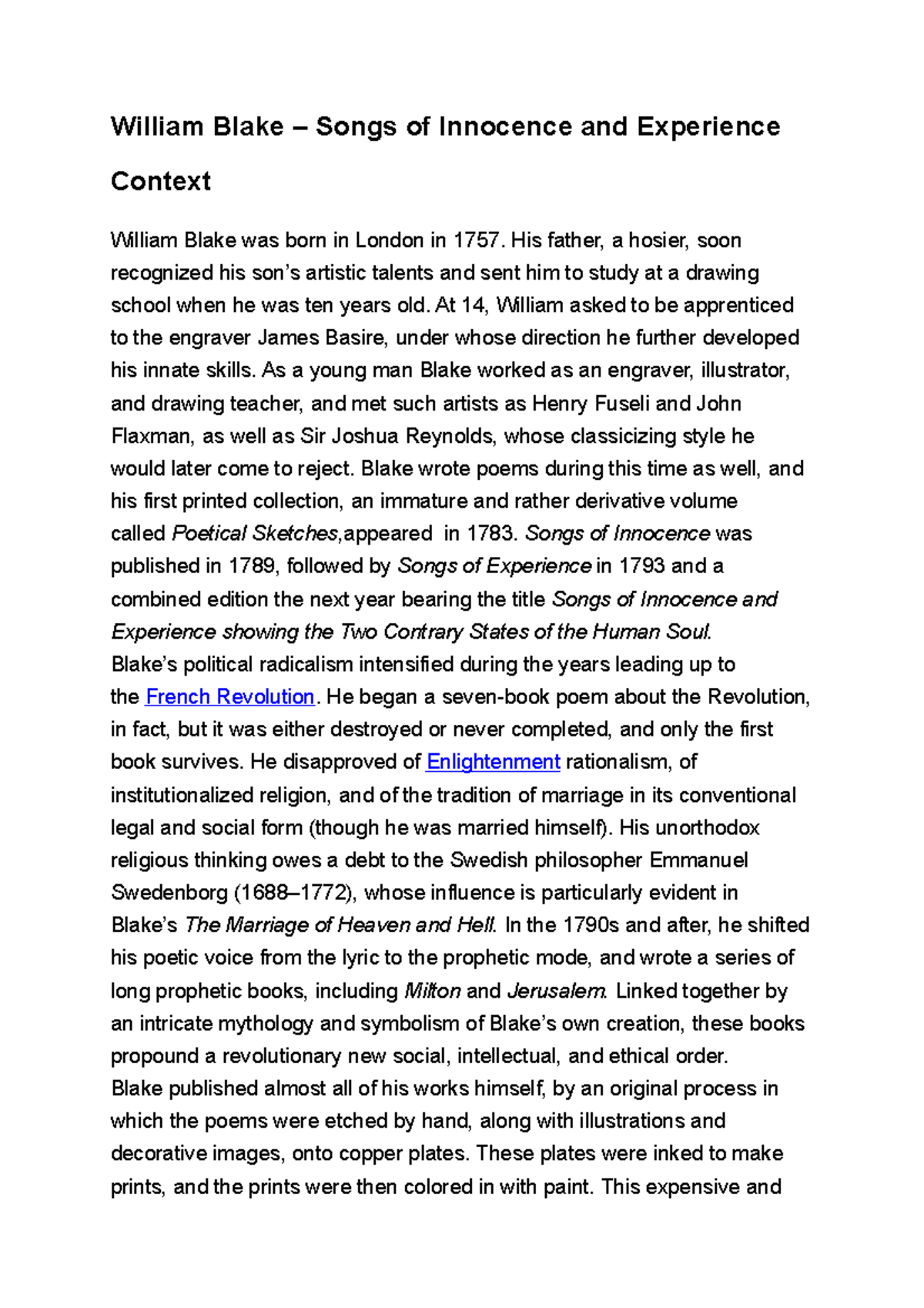 William Blake - Songs of Innocence and Experience - Context - William ...