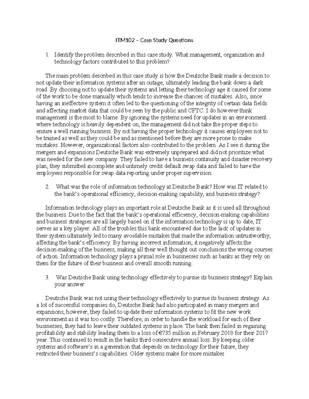 Case Study 1 - Deutsche Bank - ITM102 – Case Study Questions Identify ...
