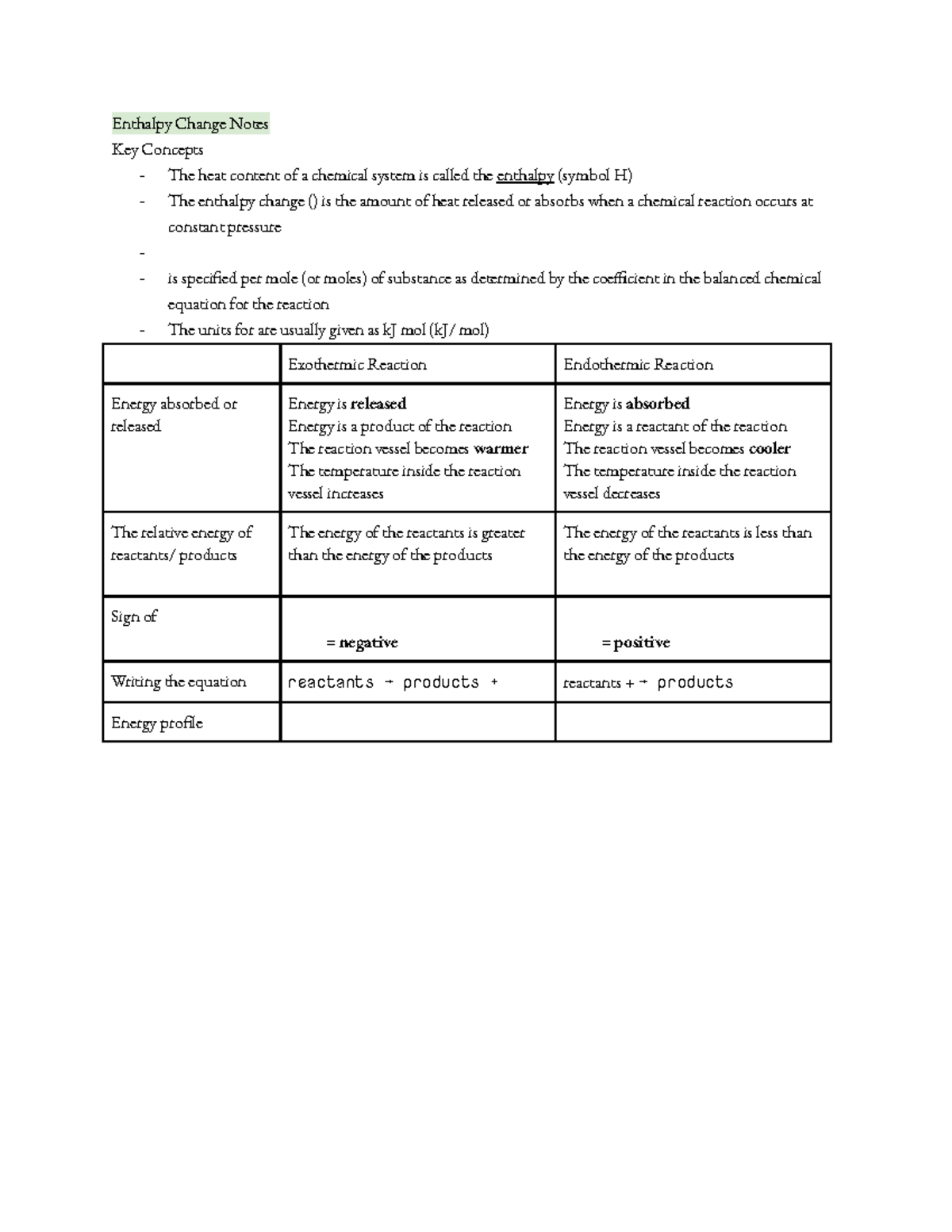 Enthalpy change notes - Enthalpy Change Notes Key Concepts - The heat ...