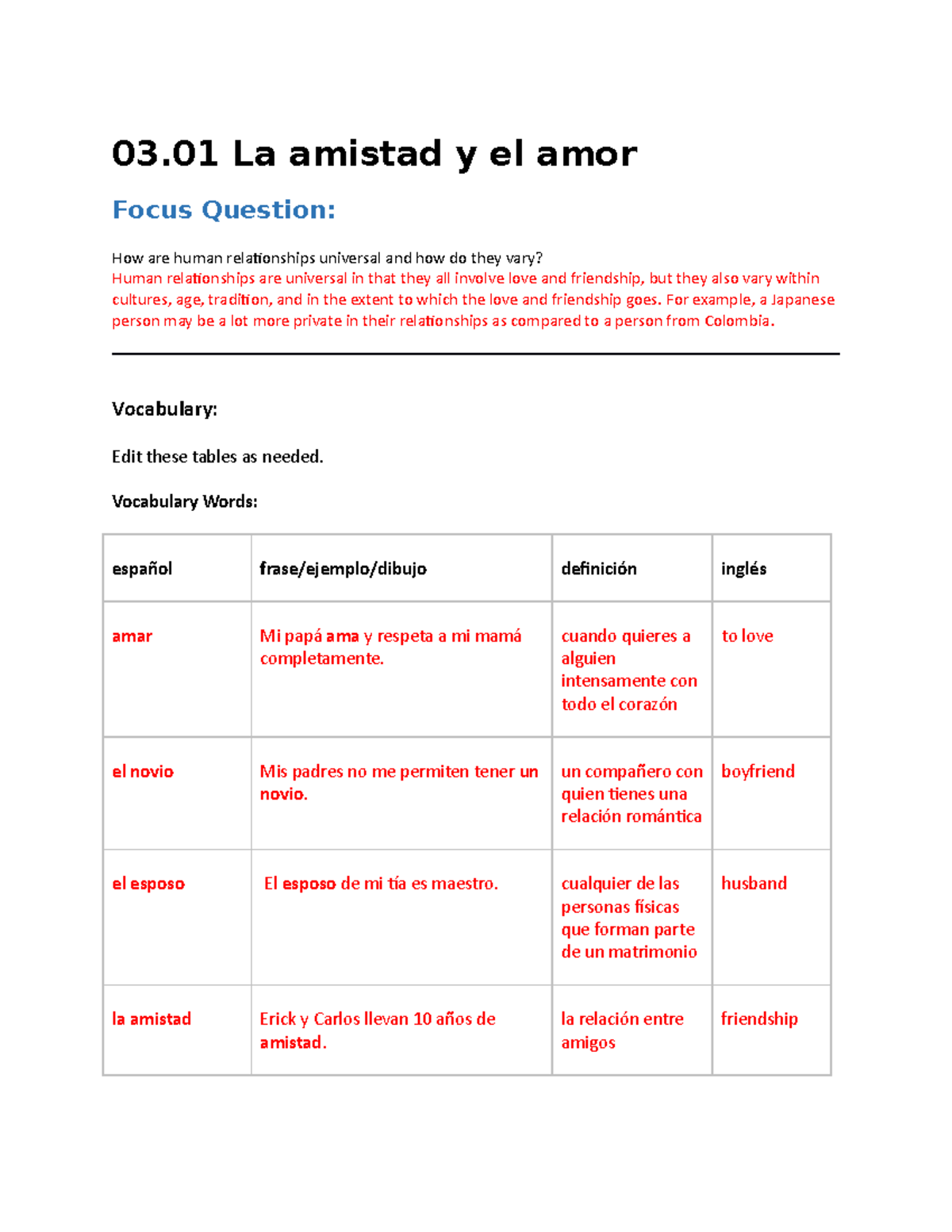 03.01 Notes Guide Spanish - 03 La amistad y el amor Focus Question: How ...