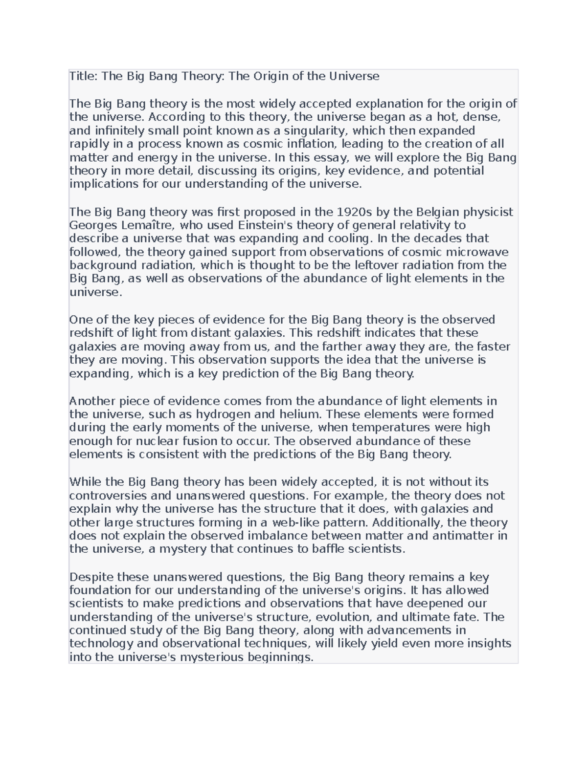 The Big Bang Theory - The Origin of the Universe - Title: The Big Bang ...