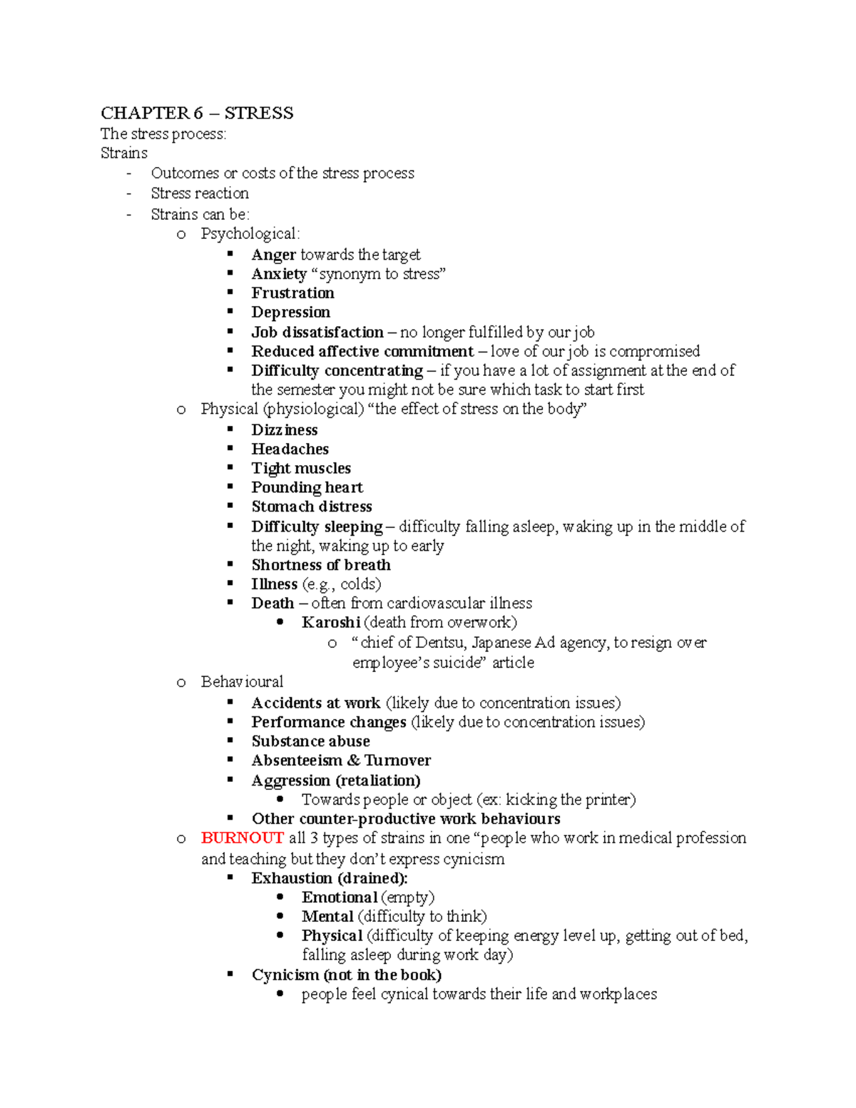 OB Final exam notes - CHAPTER 6 – STRESS The stress process: Strains ...