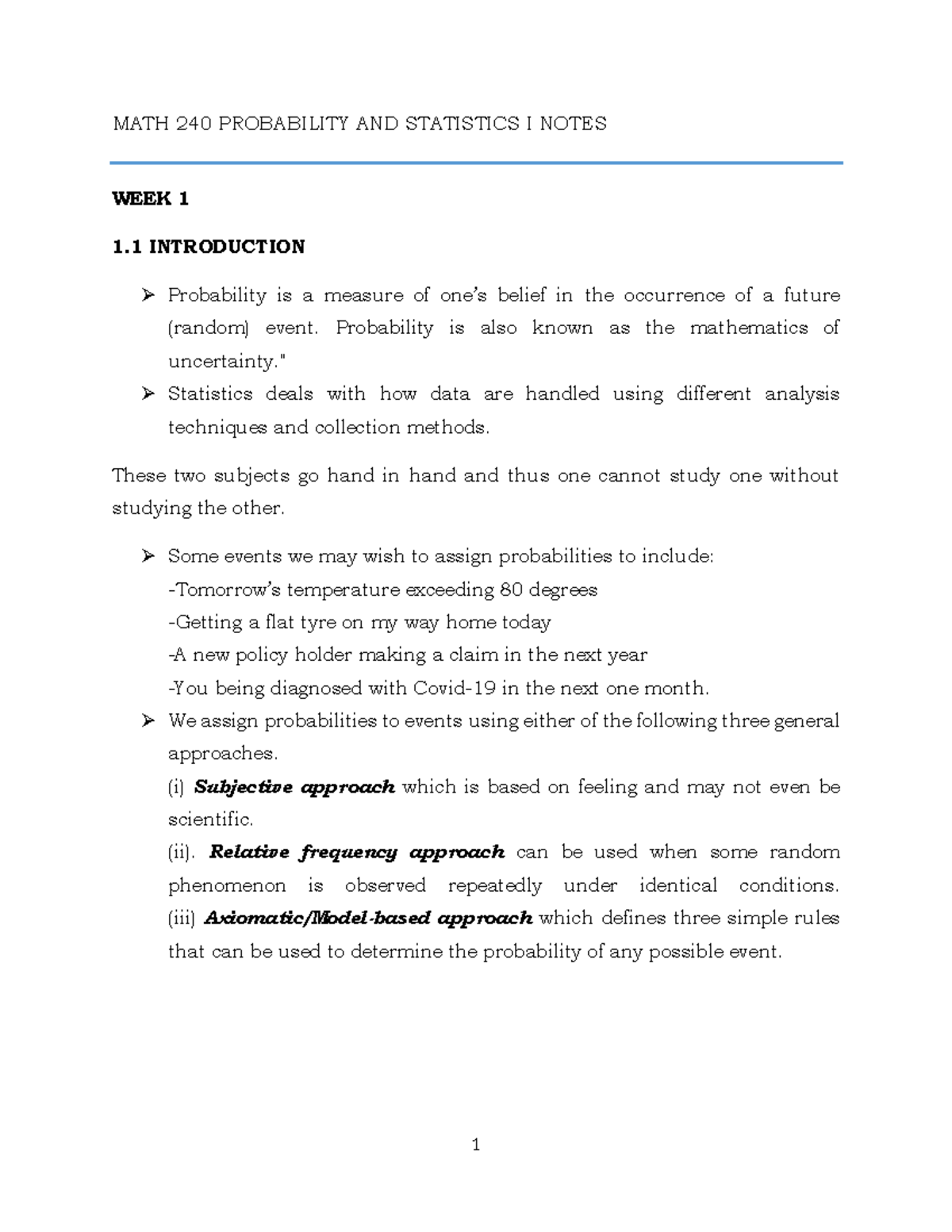 Probability and statistics 1 - MATH 240 PROBABILITY AND STATISTICS I ...