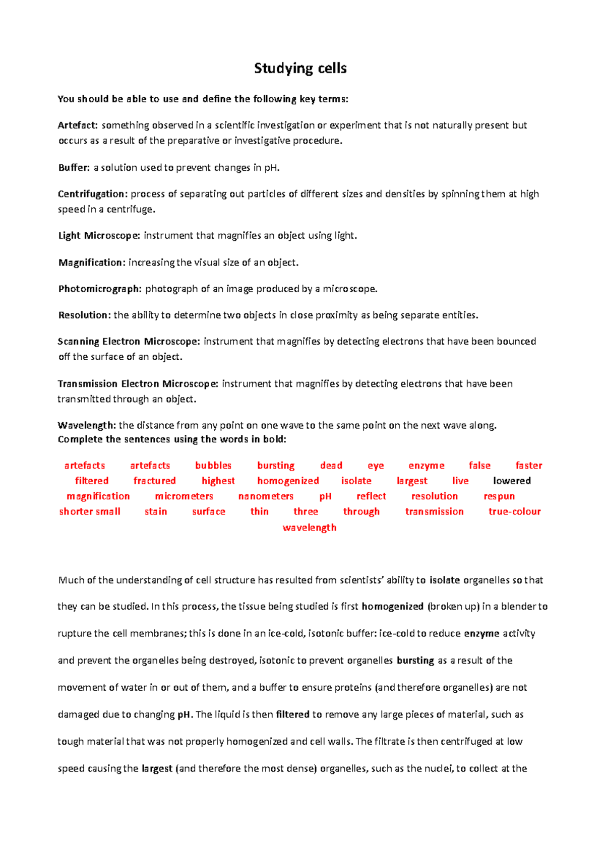 Studying-cells questions - Studying cells You should be able to use and ...