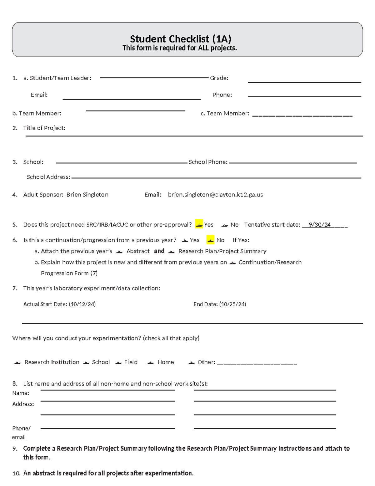 Science Fair Student Checklist and Research Plan - 1. a. Student/Team ...